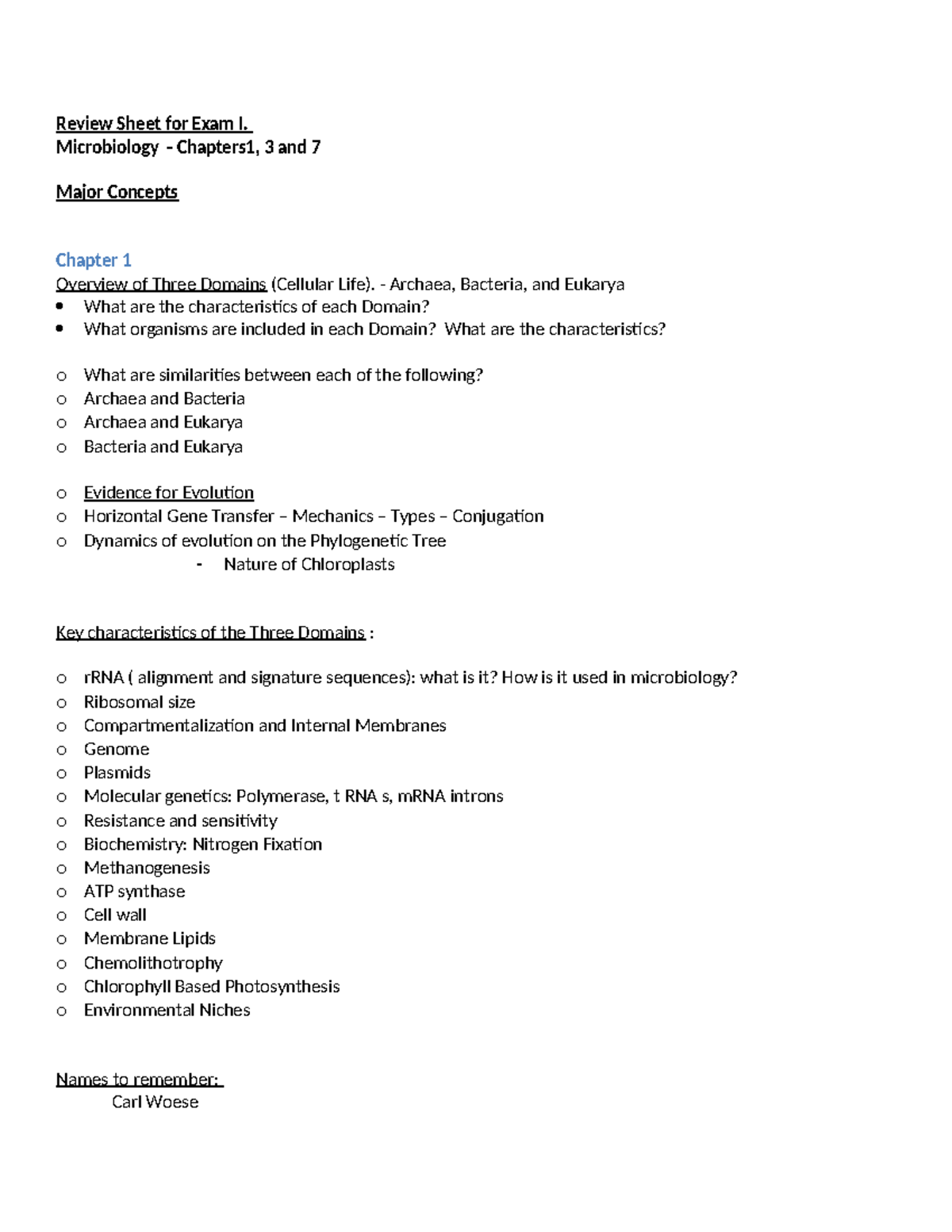 Microbiology Exam I Review: Key Concepts from Chapters 1, 3, and 7 ...