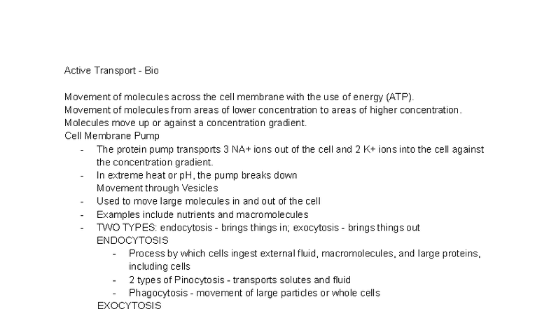 Active Transport in Biology: Molecule Movement Across Membranes - Studocu