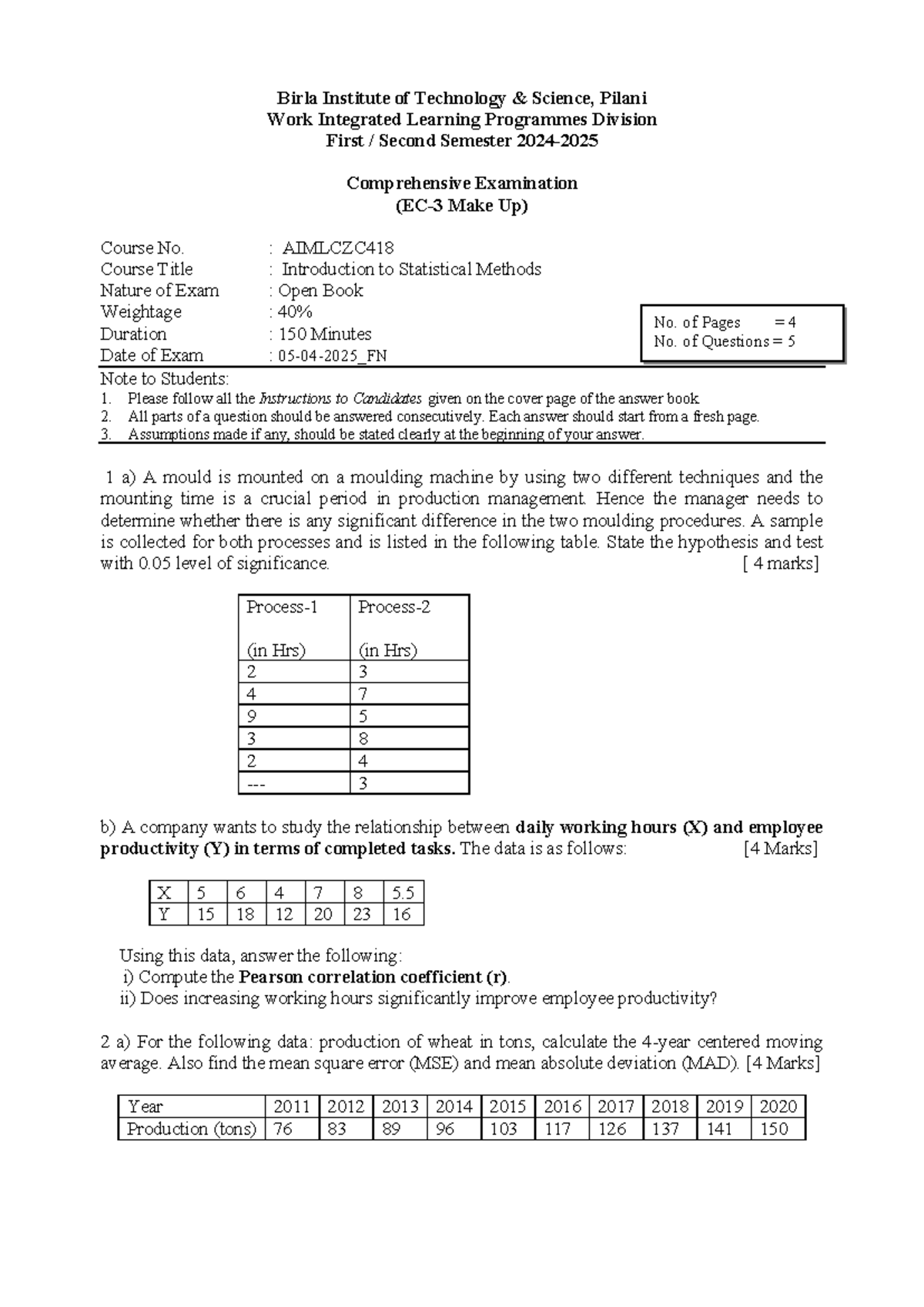 ISM AIML Compre Make Up Exam Paper - Statistical Methods - Studocu
