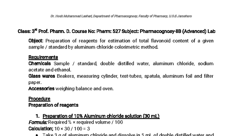 Preparation of Reagents for Pharm 527 Lab - Advanced Pharmacognosy II ...