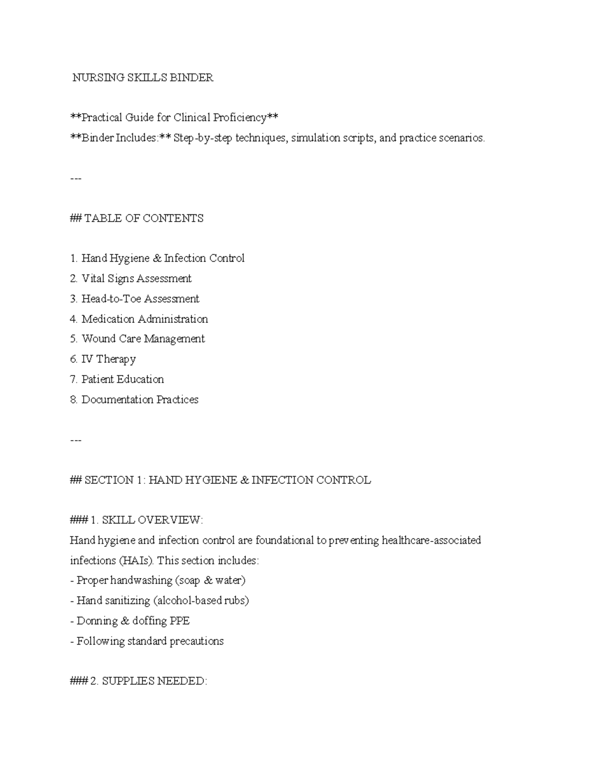 NURS 101 Clinical Skills Binder: Techniques & Practice Scenarios - Studocu