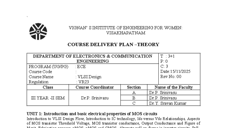 VLSI Design Course Delivery Plan (VR23) for 2025-2026 - Studocu