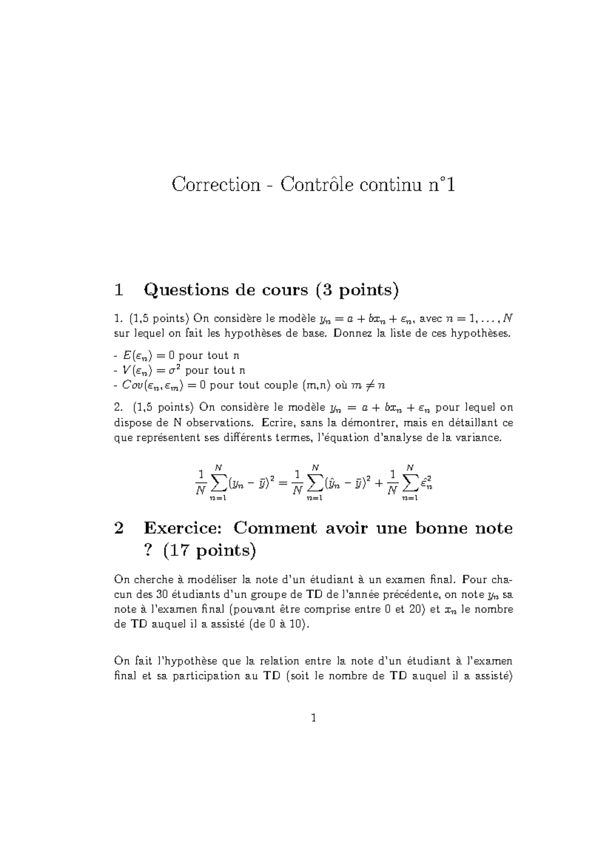 Correction CC1 2023 - dass - Correction - Contrˆole continu n° 1 1 Questions de cours (3 points ...