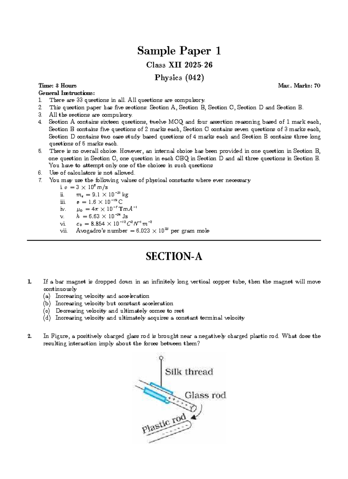 Sample Paper 1 for Class XII Physics (042) - CBSE 2026 - Studocu