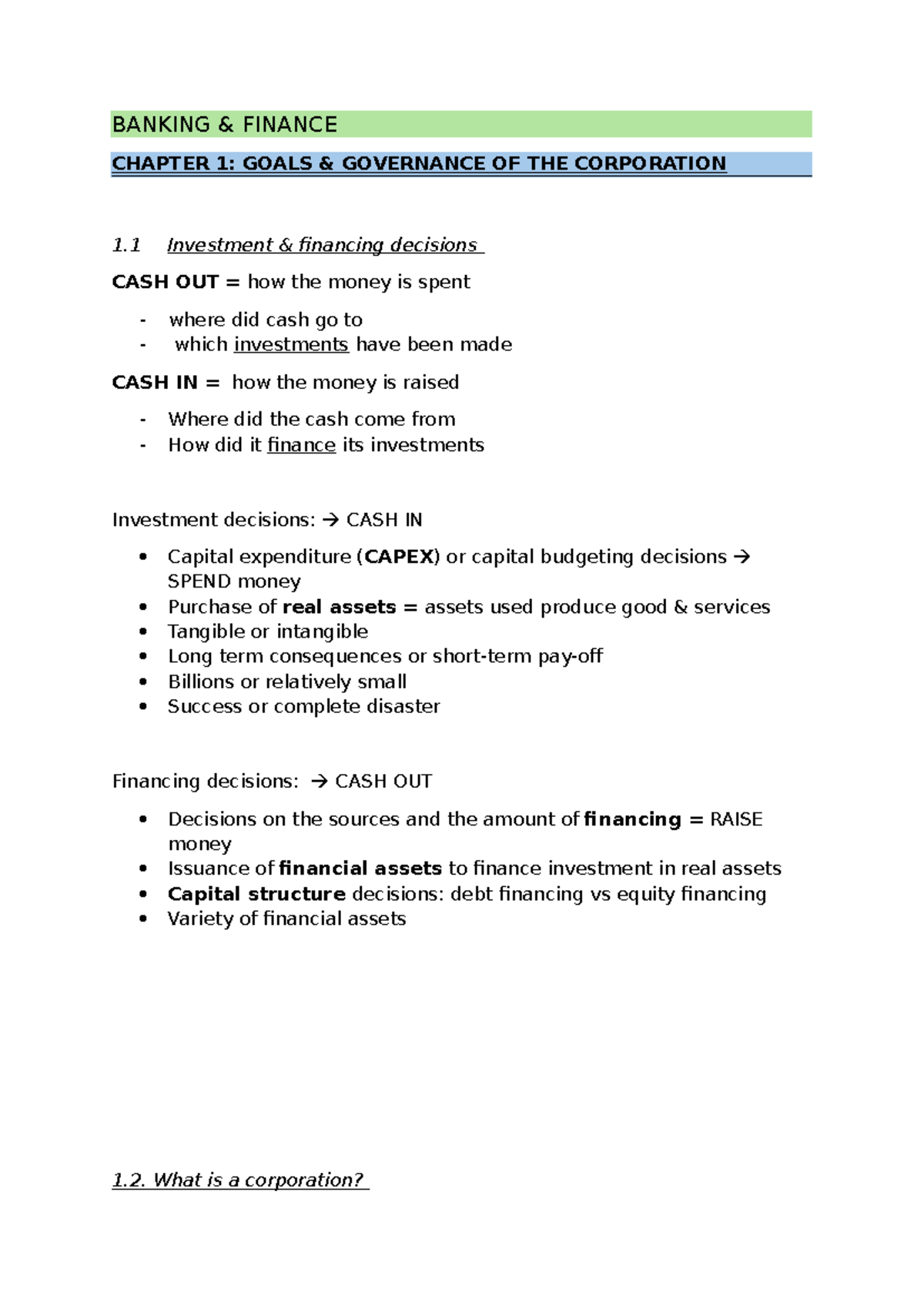 BANKING & FINANCE CHAPTER 1: CORPORATE GOALS & INVESTMENT DECISIONS ...