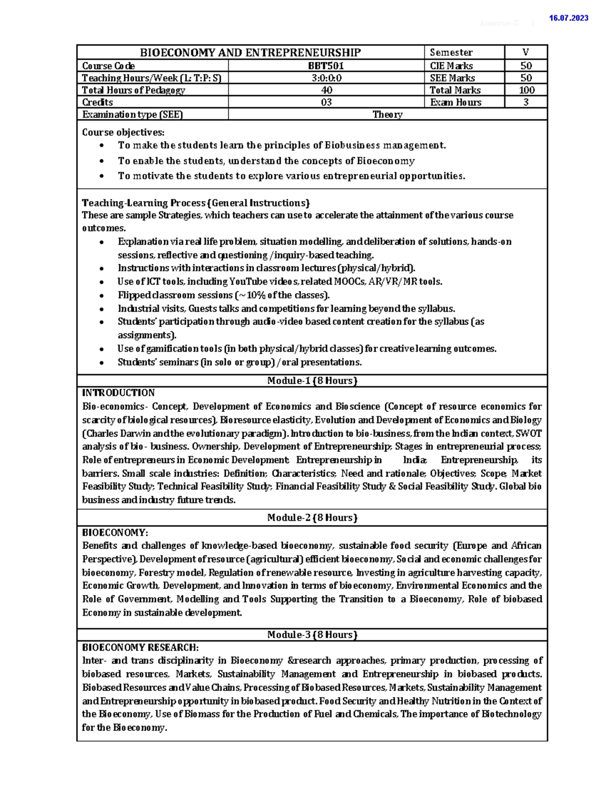 BIOECONOMY AND ENTREPRENEURSHIP (BBT501) - Course Overview and ...