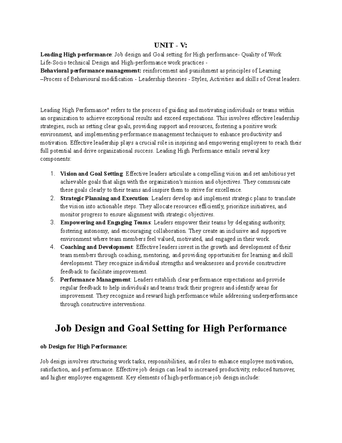 UNIT V: Leading High Performance: Job Design, Goal Setting & Leadership ...