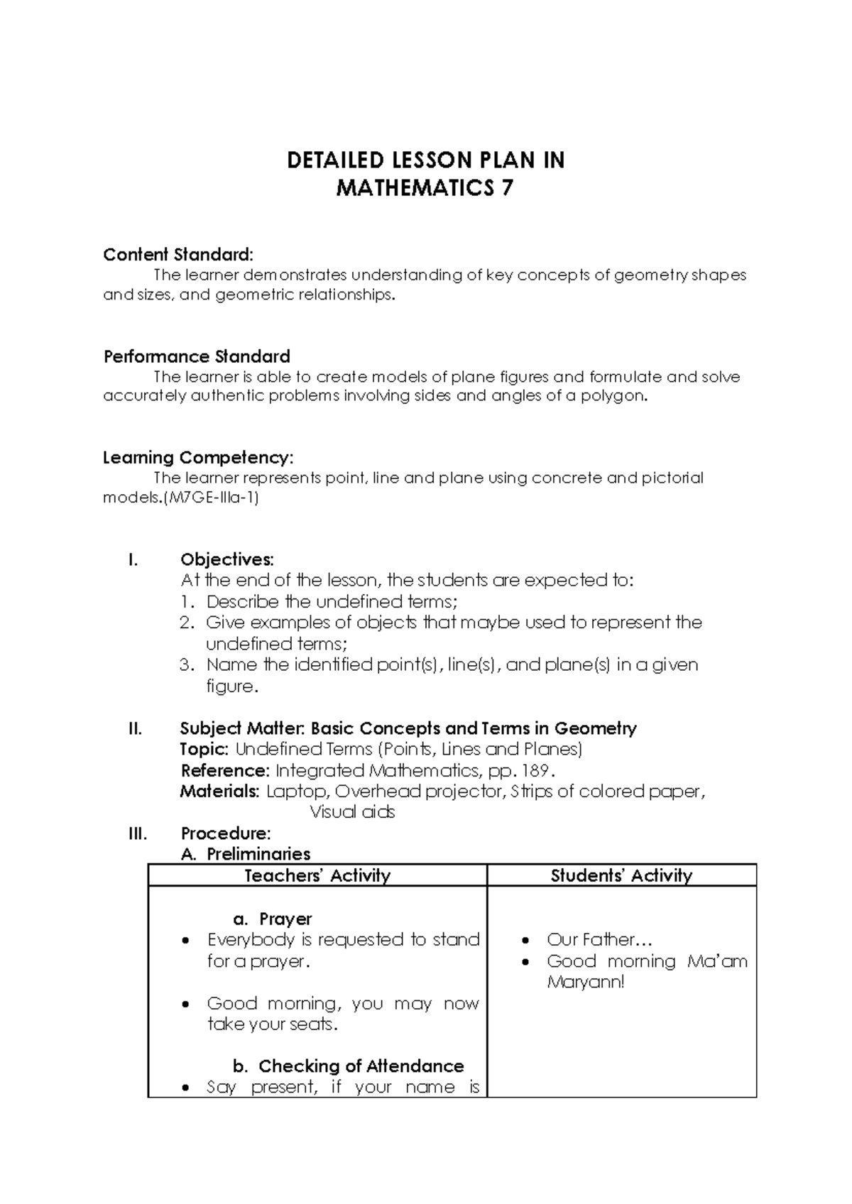 Detailed Lesson Plan in Math 7: Undefined Terms in Geometry - Studocu