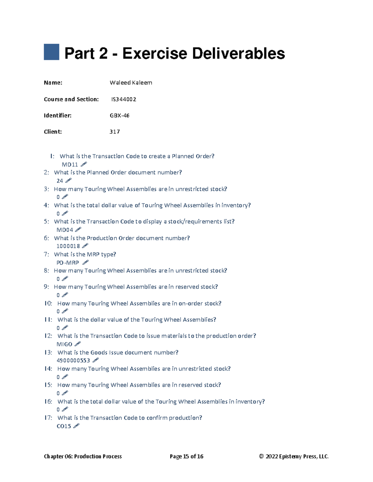 Ch. 06-02 Production Process Exercises - IS GBX- S4HANA 2020 - Studocu