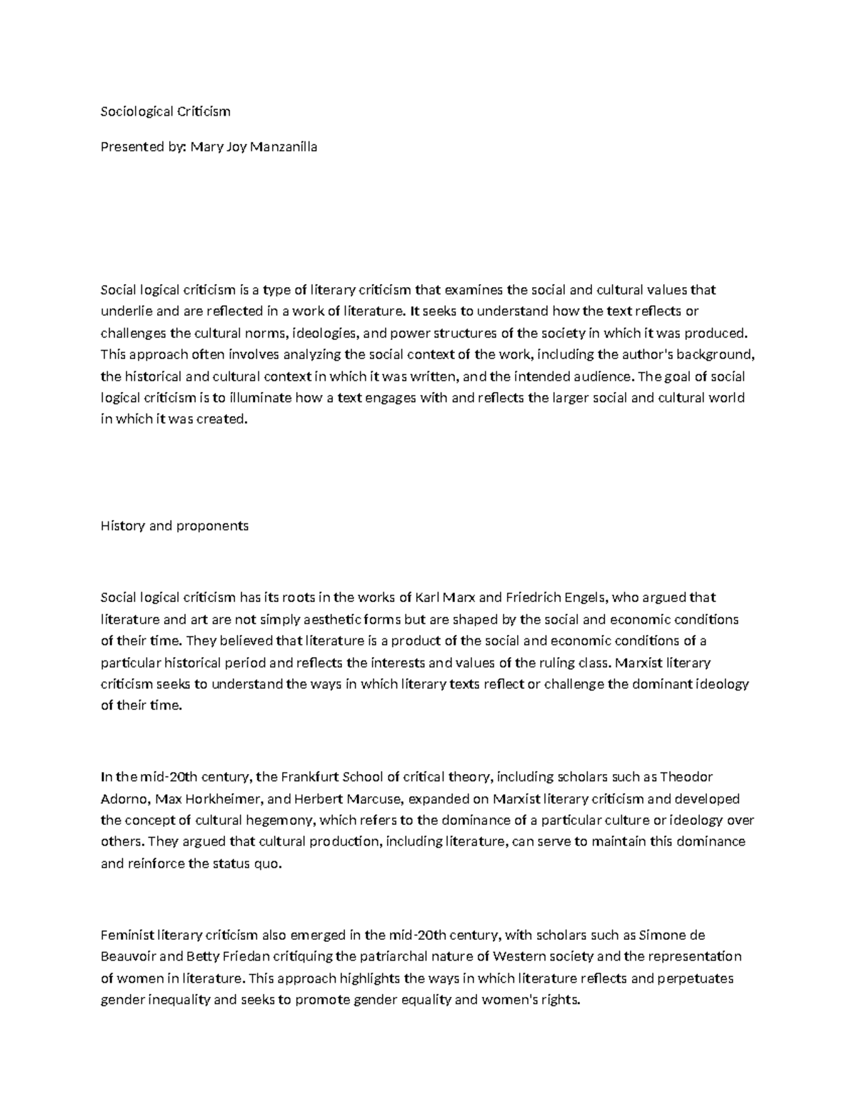 Sociological Criticism Overview and Key Proponents - Studocu