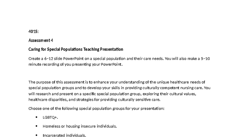 4015: Assessment 4 - Caring for Special Populations Presentation Guide ...
