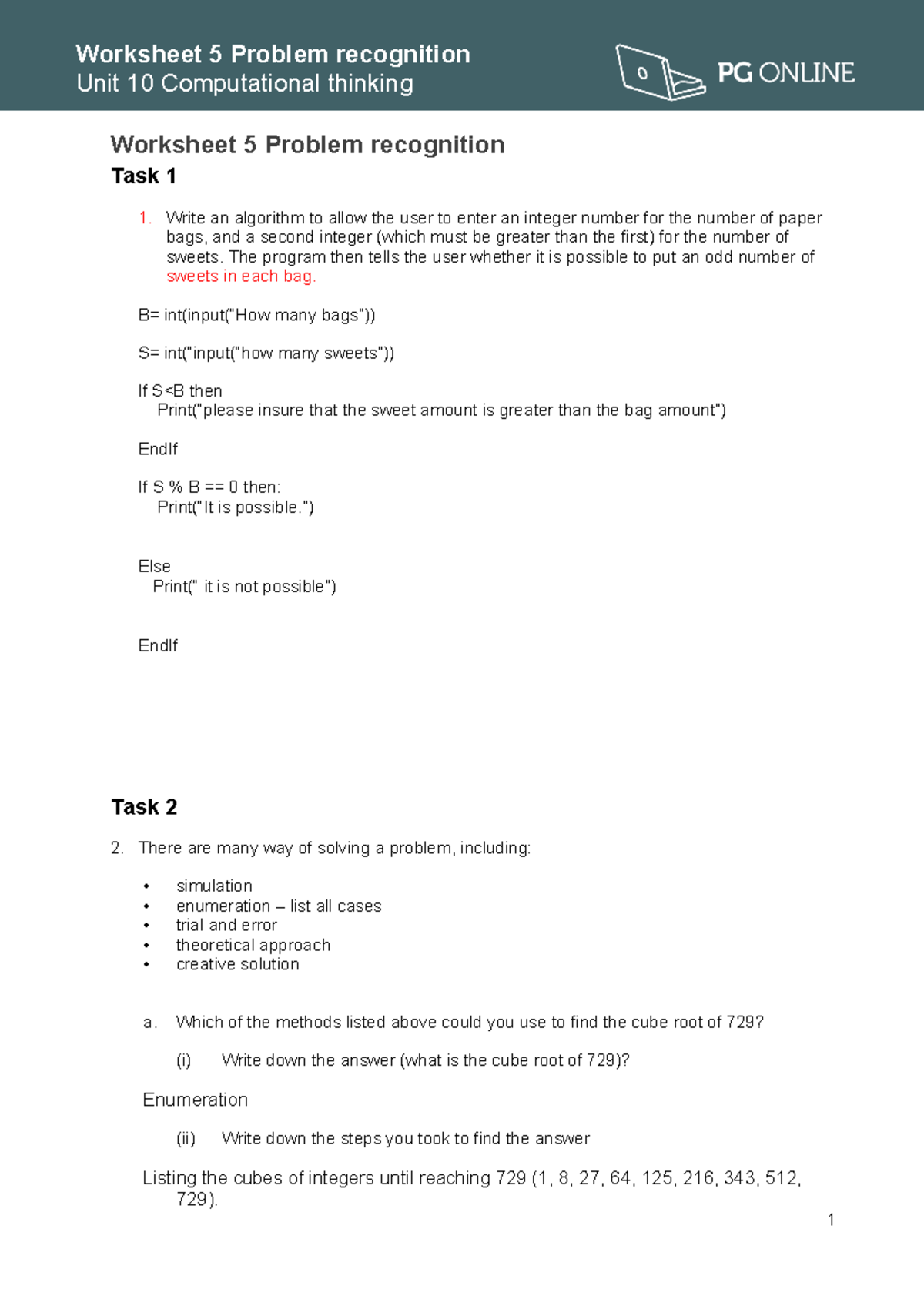 Computational Thinking Unit 10: Worksheet 5 Problem Recognition - Studocu