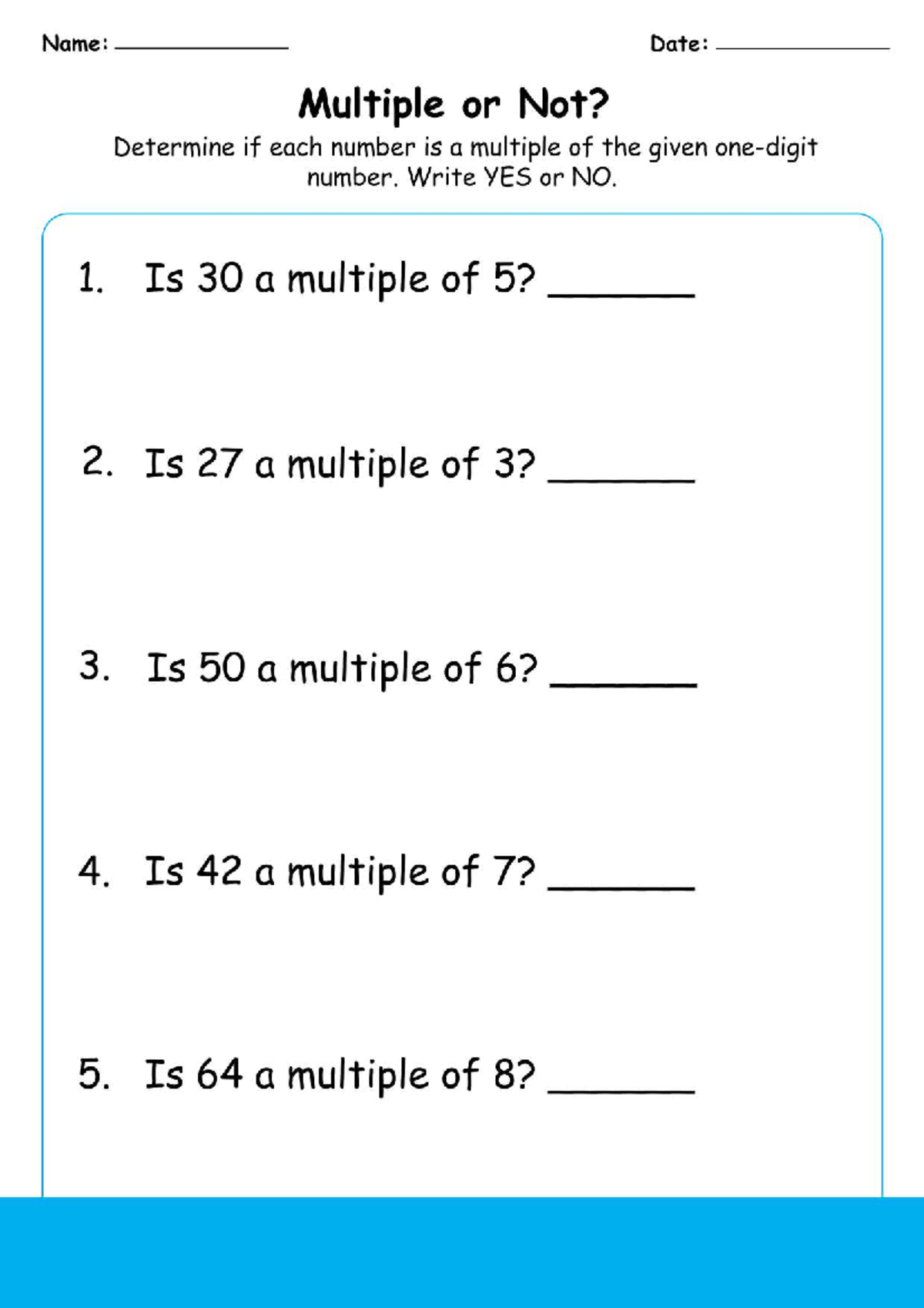 Identifying Multiples - 4th Grade Worksheet - Name: Date: Multiple or ...