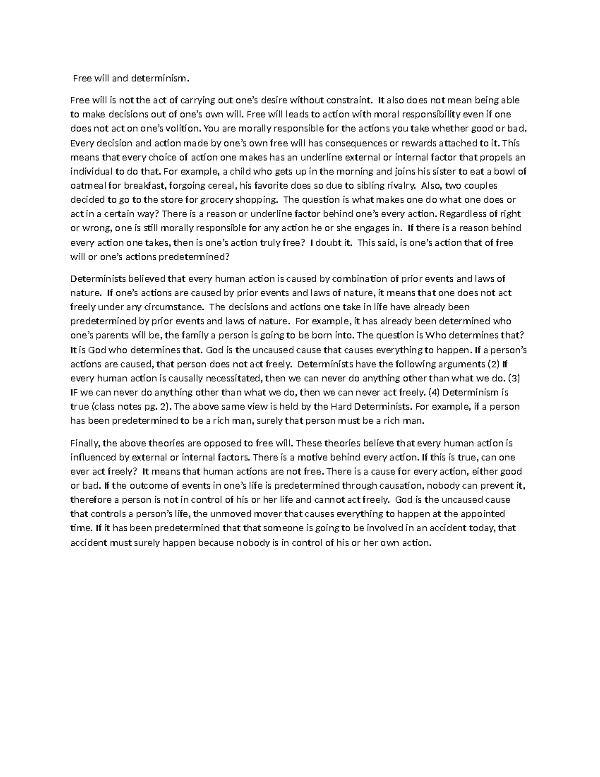 PHIL 101: Free Will vs. Determinism - Class Notes Analysis - Studocu