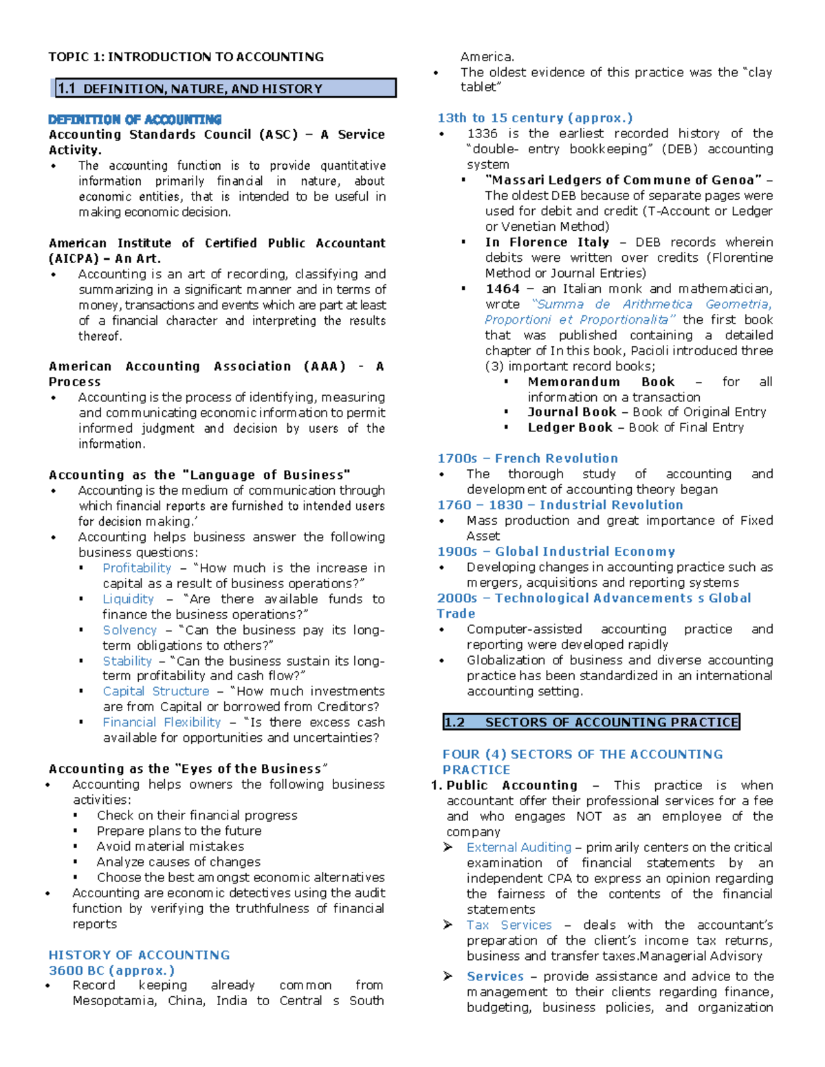 Topic 1 - Introduction to Accounting Notes (ACC 101) - Studocu