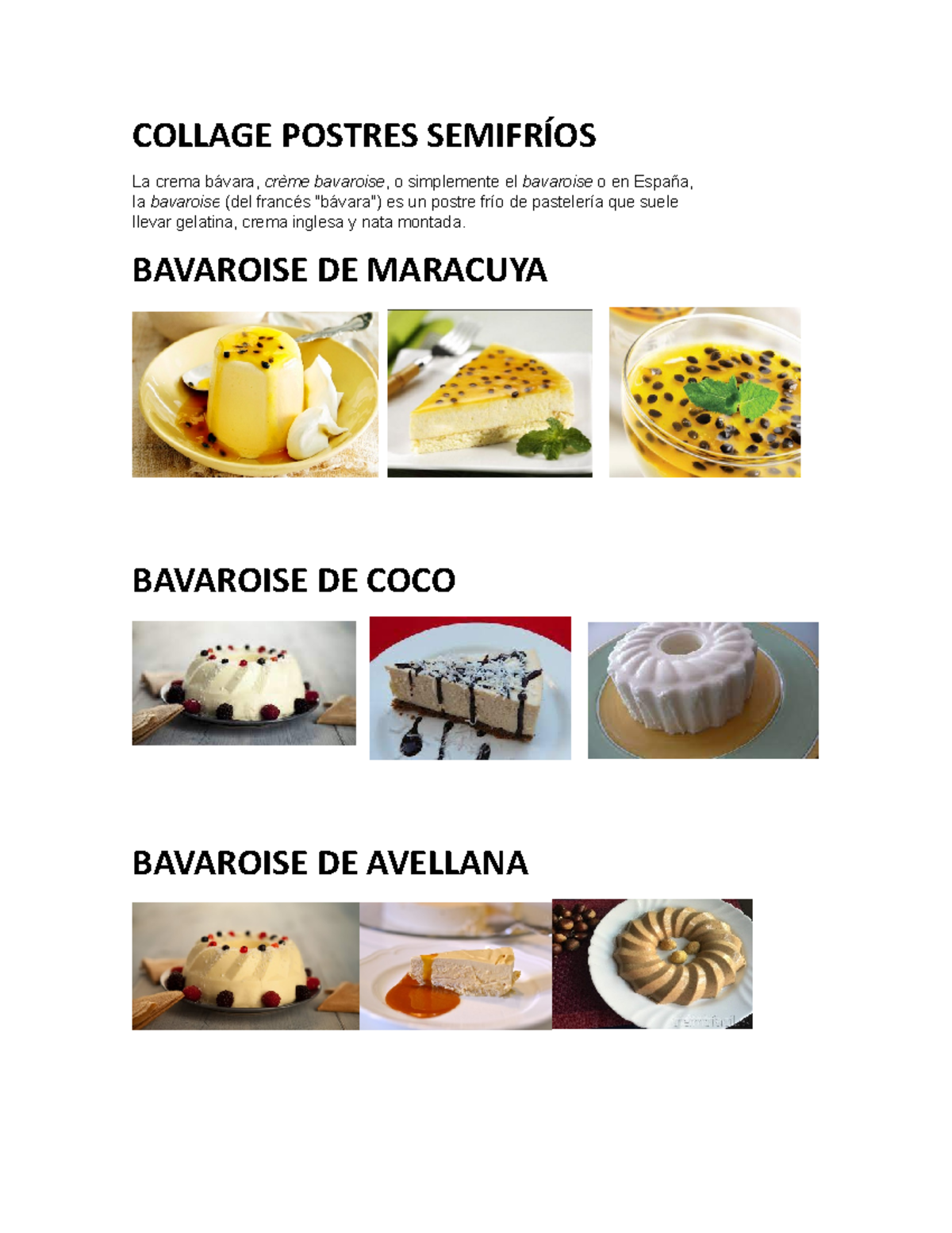 elaboración de Postres Semifríos como mousse - COLLAGE POSTRES SEMIFRÍOS La crema bávara, crème ...