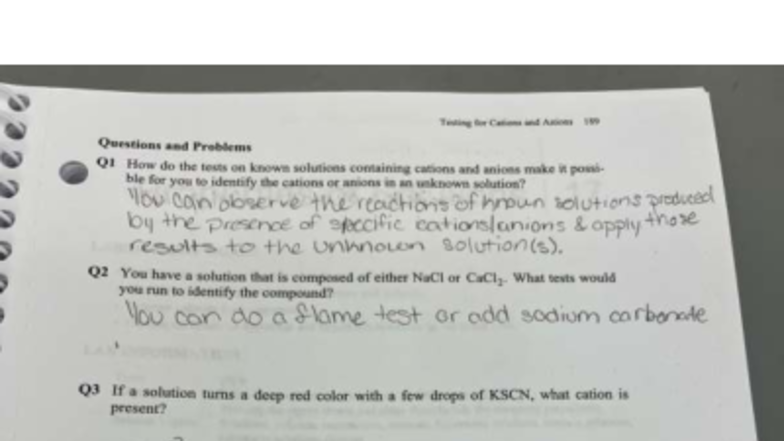 Lab 11: Testing for Cations and Anions - 189 Q&A - Studocu