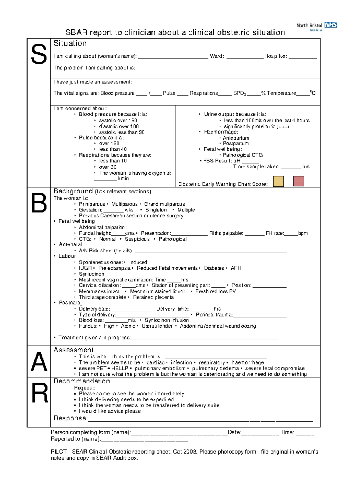 OB SBAR Report: Clinical Assessment of Obstetric Situation - Studocu