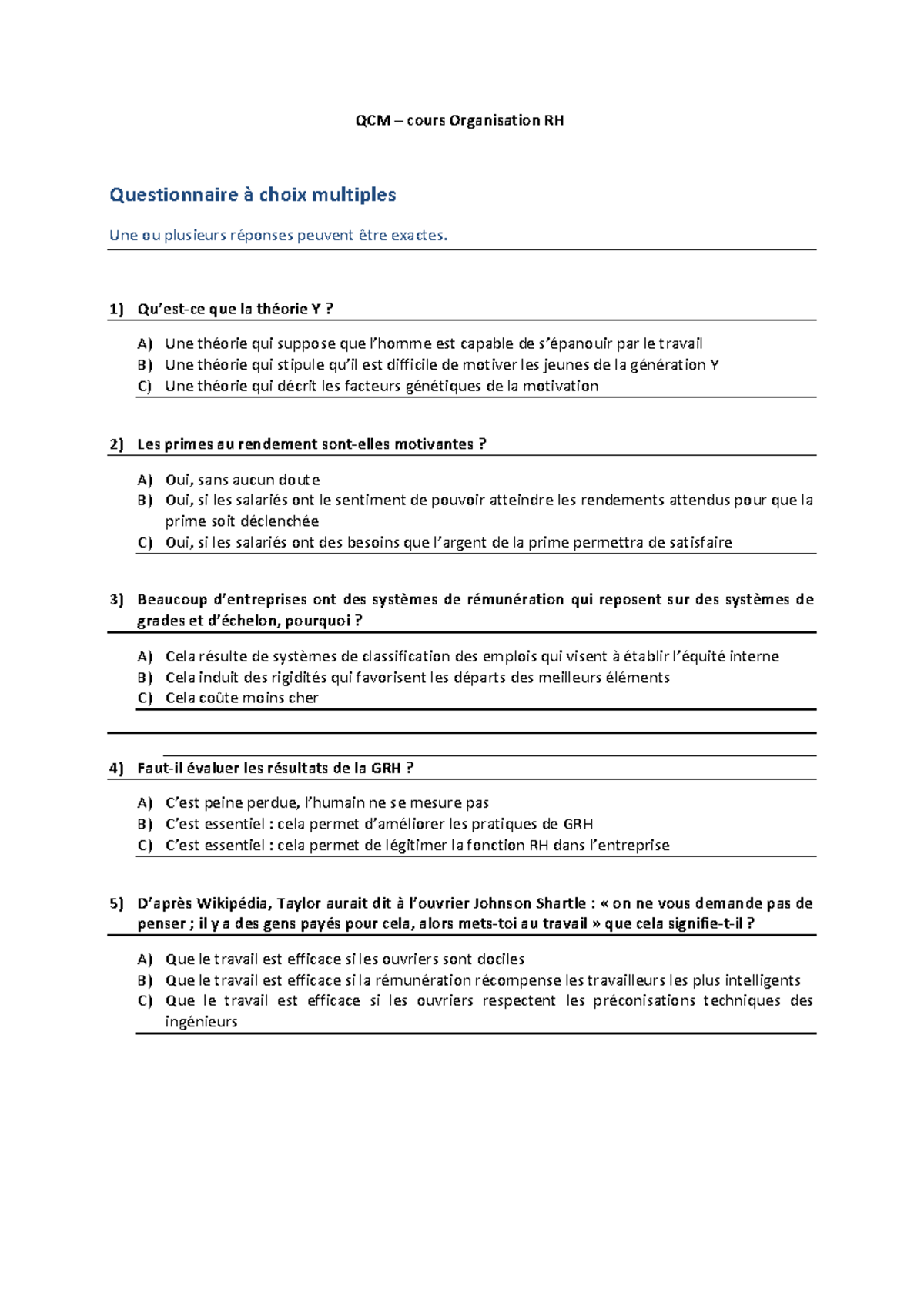 QCM 3 Decembre RH - QCM ORH - QCM – cours Organisation RH Questionnaire ...