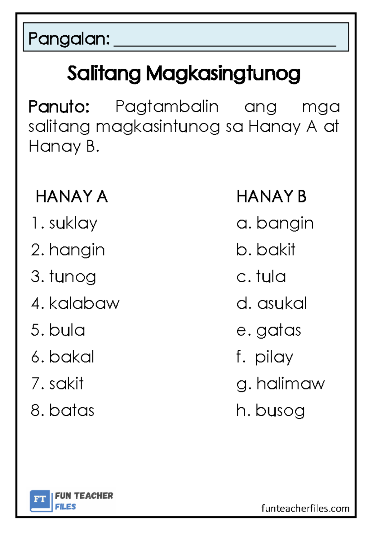 Salitang Magkasingtunog Worksheets Set 1 - FTF Activities - Studocu