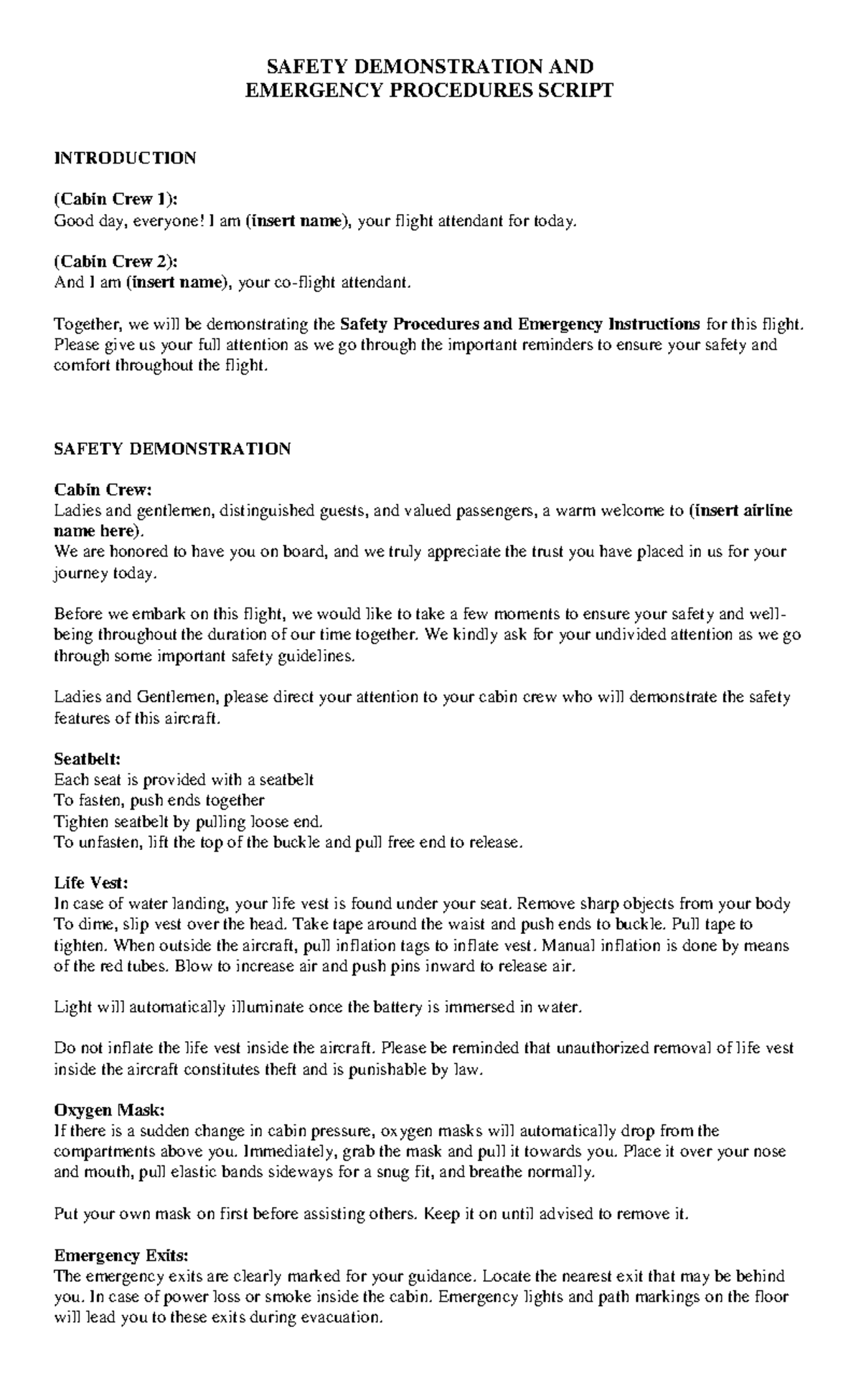 SAFETY DEMONSTRATION SCRIPT FOR FLIGHT ATTENDANTS (Cabin Crew 1) - Studocu