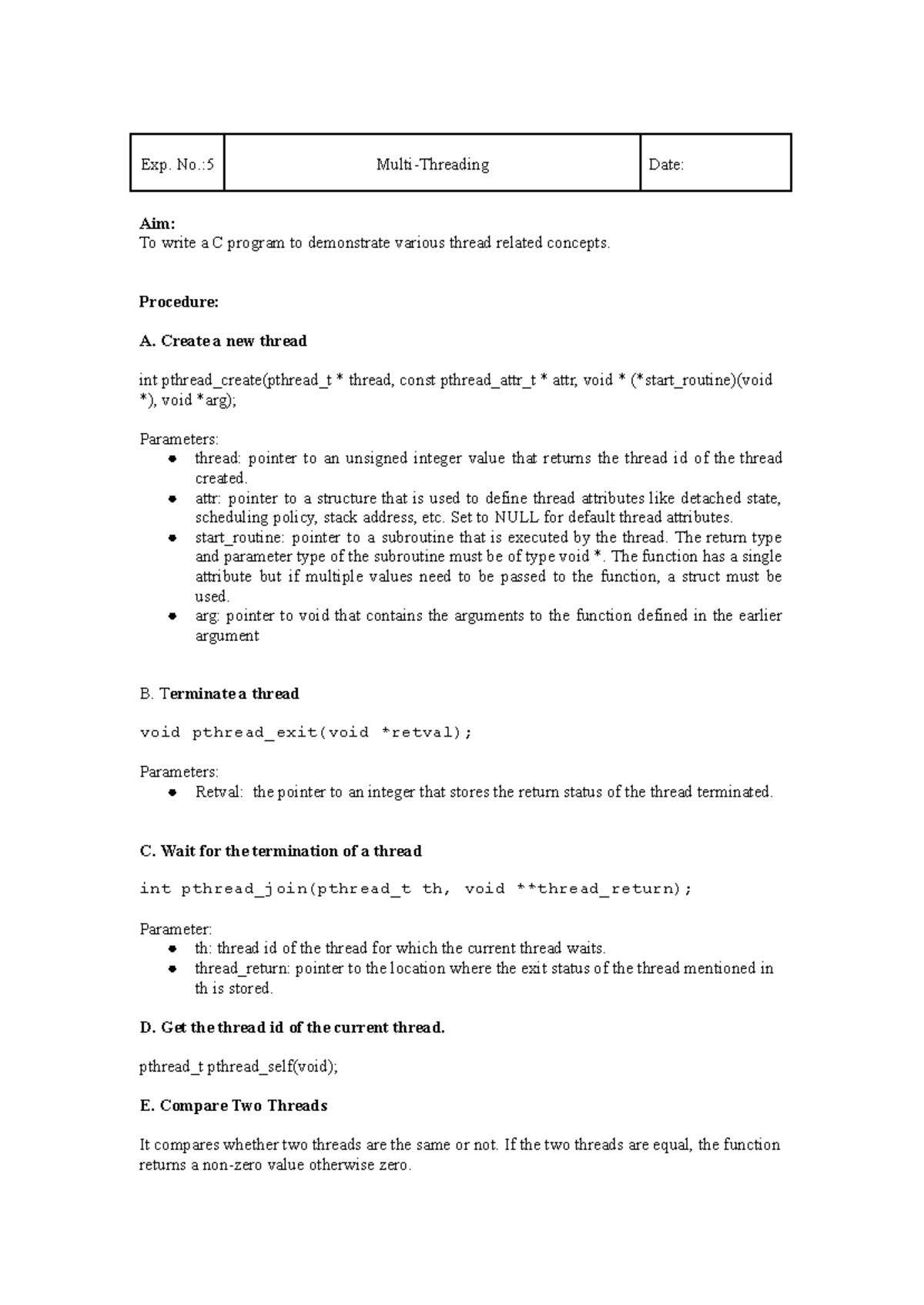 Exp. No. 5 & 6: C Program for Thread Concepts & Synchronization Techniques - Studocu
