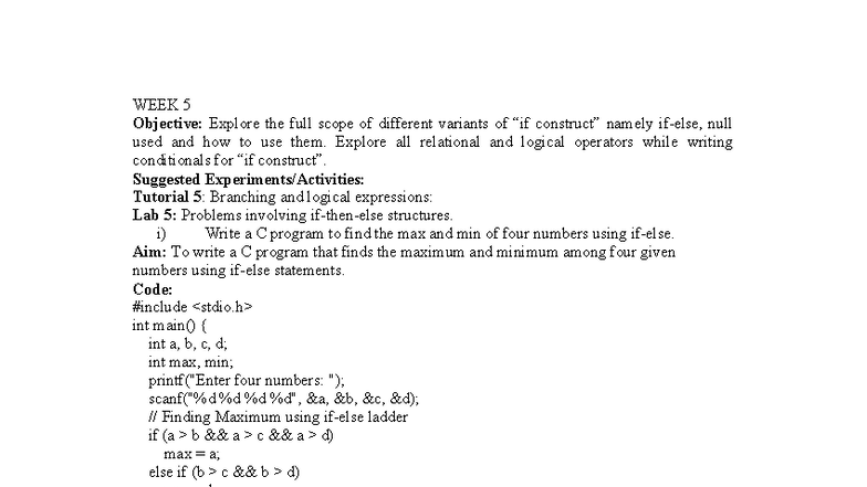 C Programming Lab 5: Conditional Statements & Operators - Studocu
