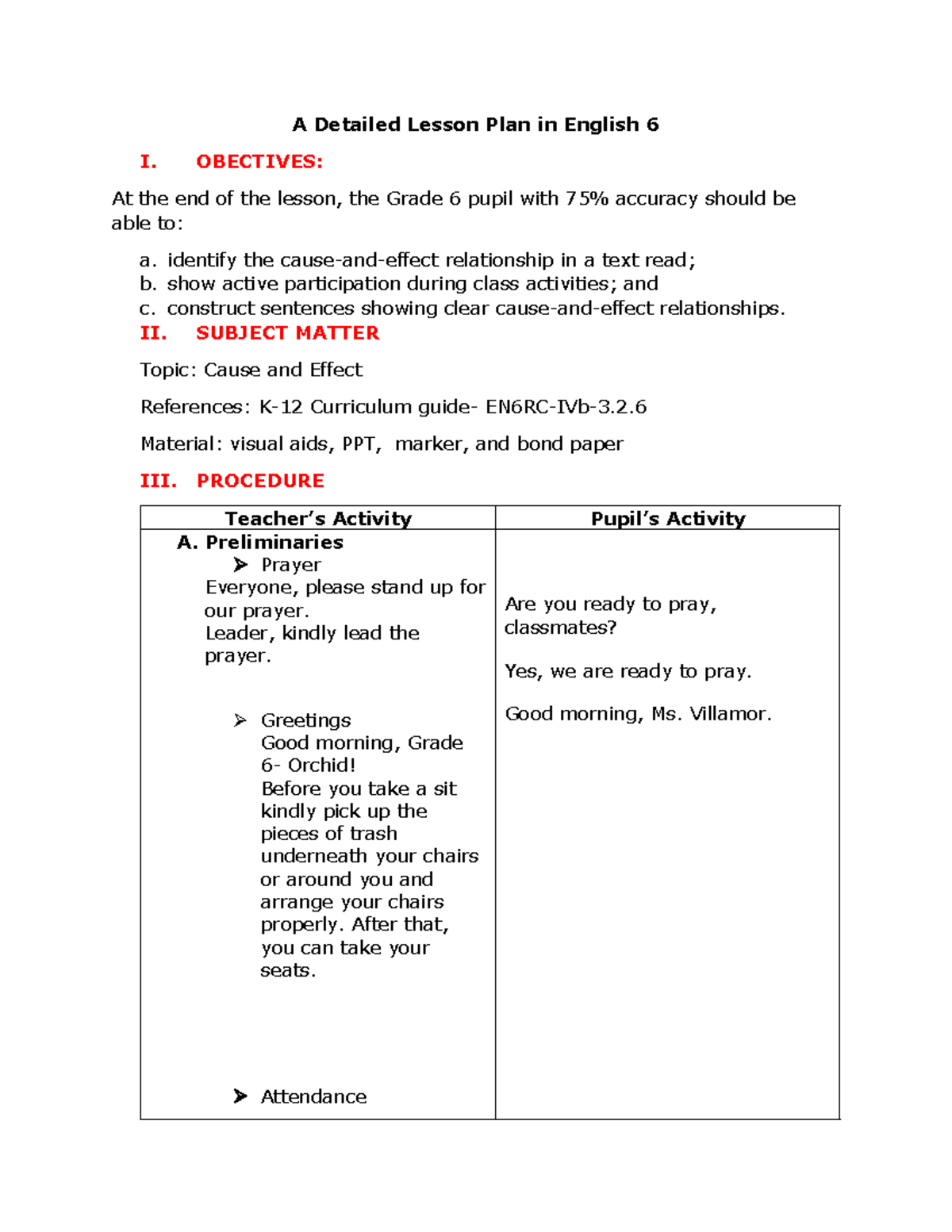 A Detailed Lesson Plan on Cause and Effect for English 6 - Studocu
