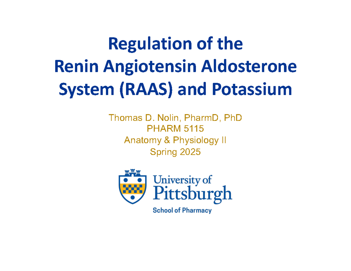 Regulation of Potassium Homeostasis and RAAS Mechanisms in PHARM 5115 ...
