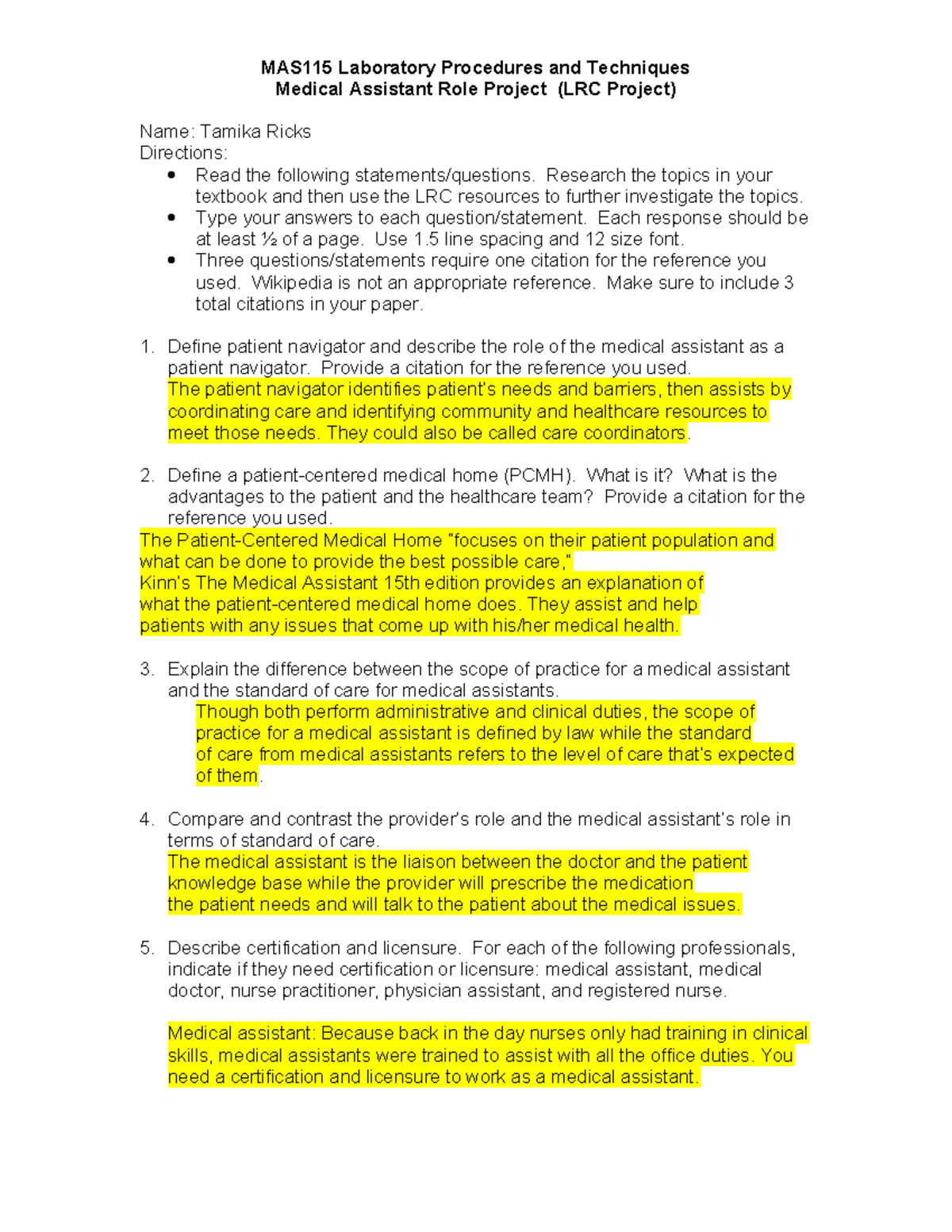 MAS115 Week 1 Medical Assistant Role Project - Full Responses - Studocu
