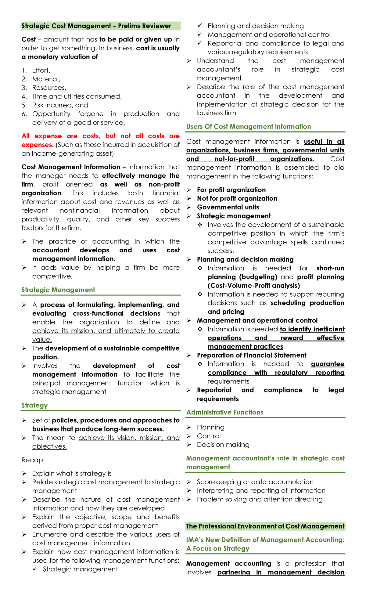 Strategic Cost Management Prelims Reviewer: Key Concepts and ...