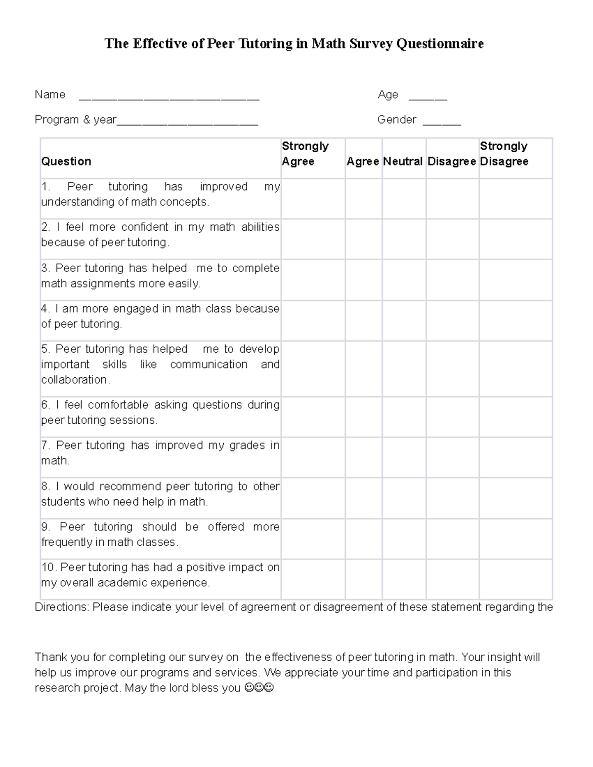 The effective of peer tutoring in math survey questionnaire - The ...