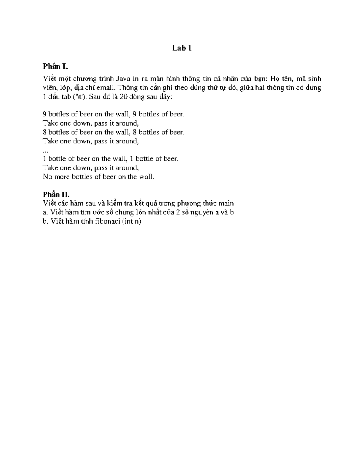Lab1 - lap trinh hướng đói tượng - Lab 1 Phần I. Viết một chương trình Java in ra màn hình thông ...