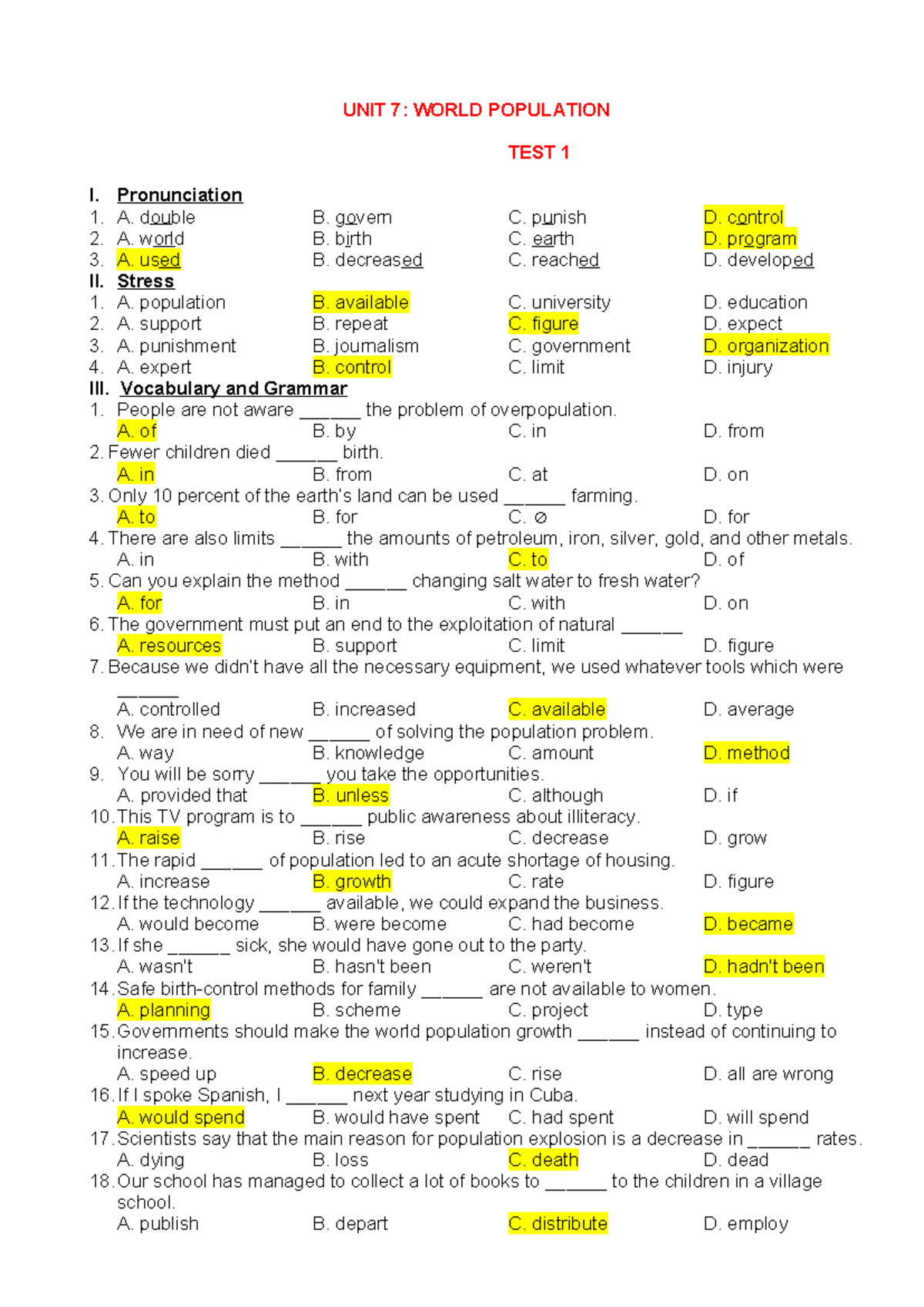 Unit 7: World Population Test 1 - Pronunciation & Grammar Exercises ...