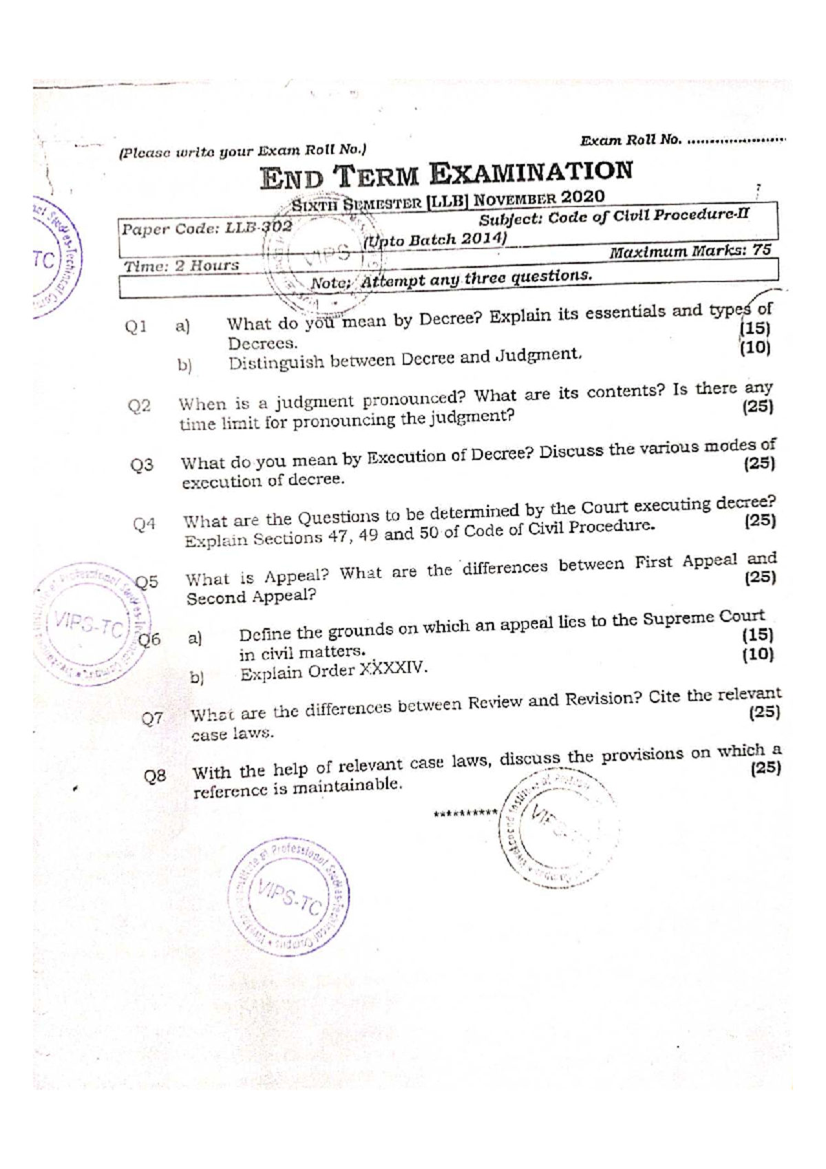 Code 310 Code of Civil Procedure II - (Please write your Exam Roll No ...