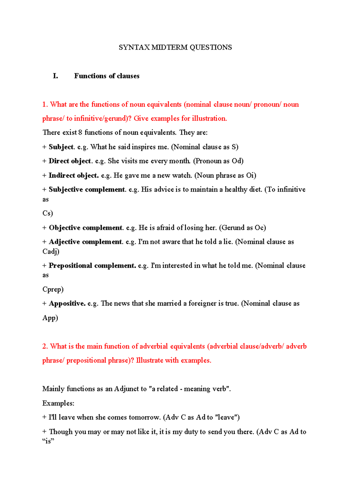 Syntax MIDTERM QUESTIONS: Functions of Clauses and Sentence Structure ...
