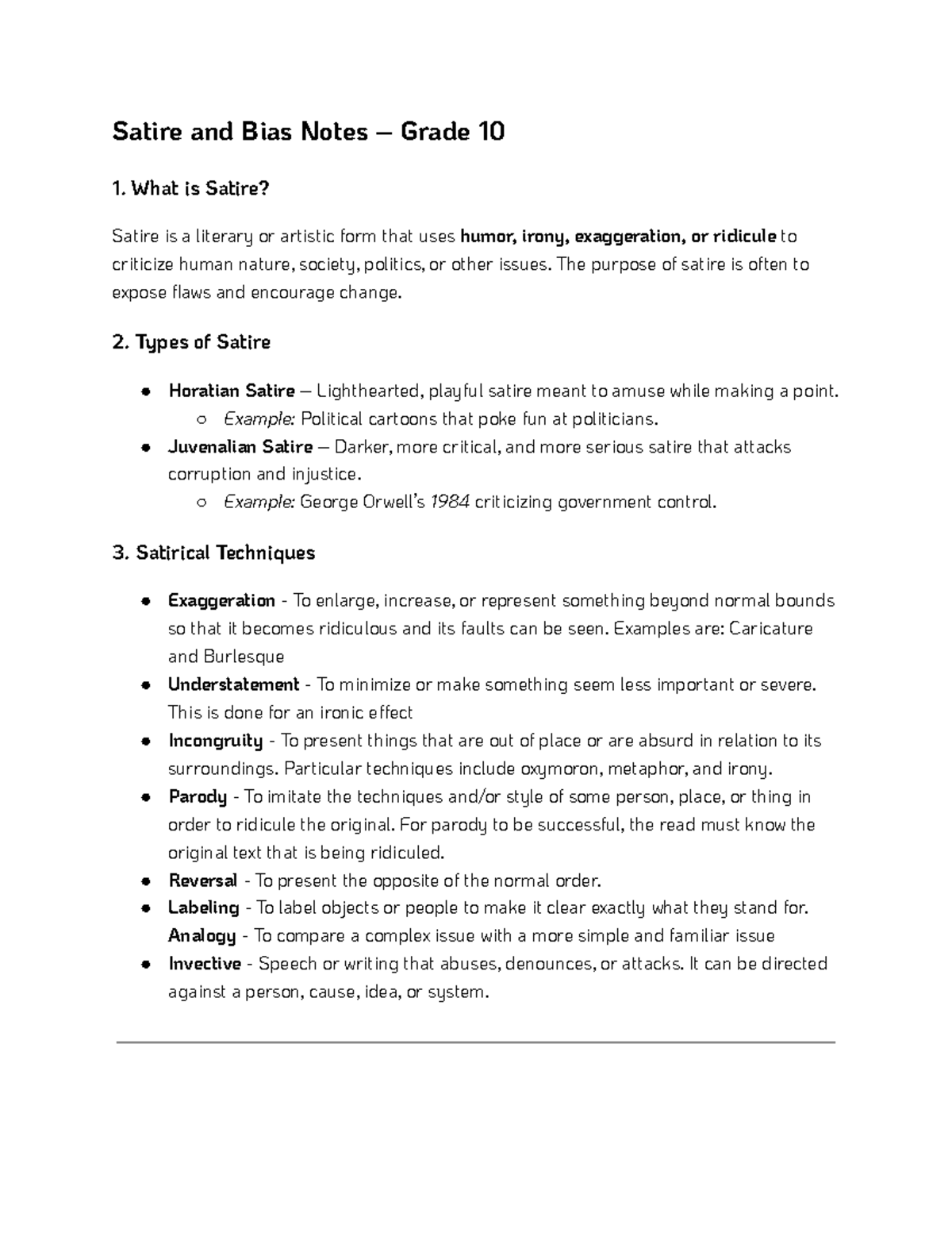 Grade 10 English Exam Notes: Satire, Bias, and Literary Analysis - Studocu