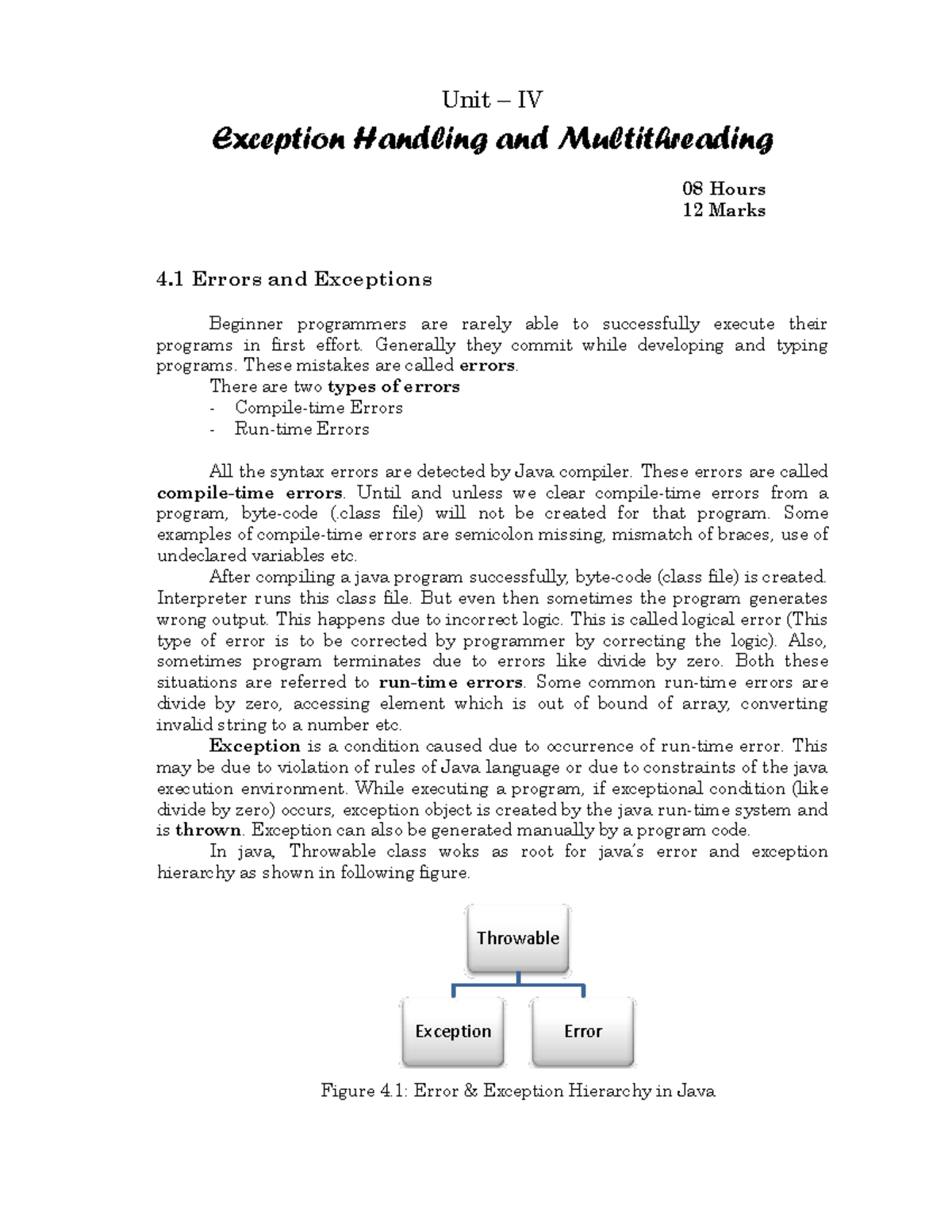 Unit IV: Exception Handling & Multithreading Overview (08 Hours, 12 Marks) - Studocu