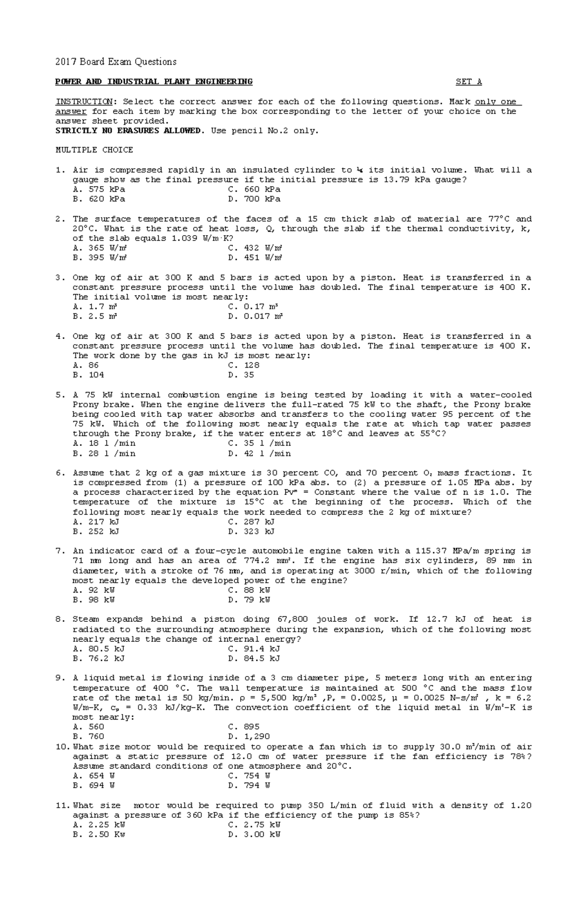 2017 Board Exam Questions for Power Plant Engineering (Set A) - Studocu