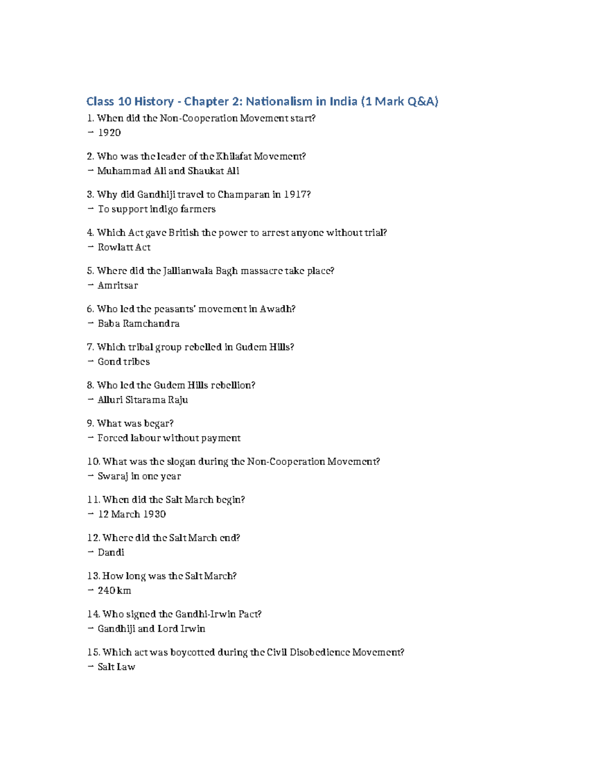 Class 10 History Chapter 2: Nationalism in India One Mark Q&A - Studocu