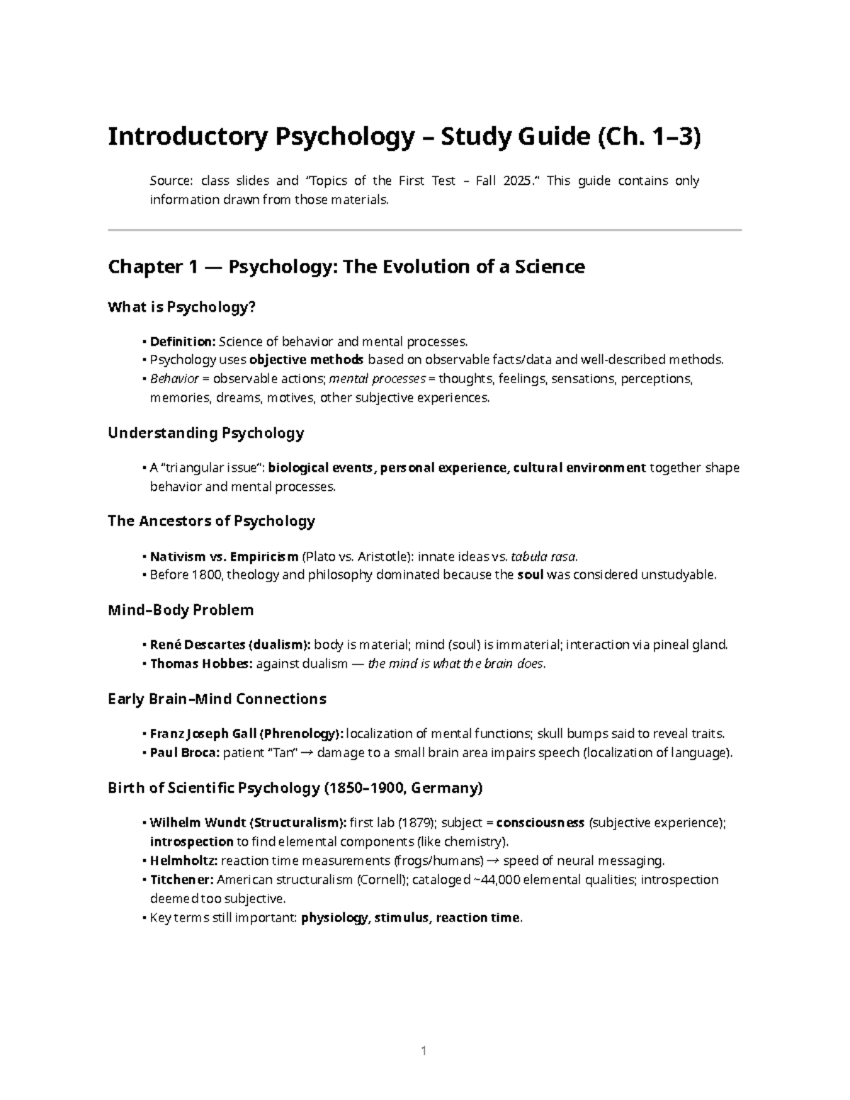 Introductory Psychology Study Guide: Chapters 1-3 Overview - Studocu