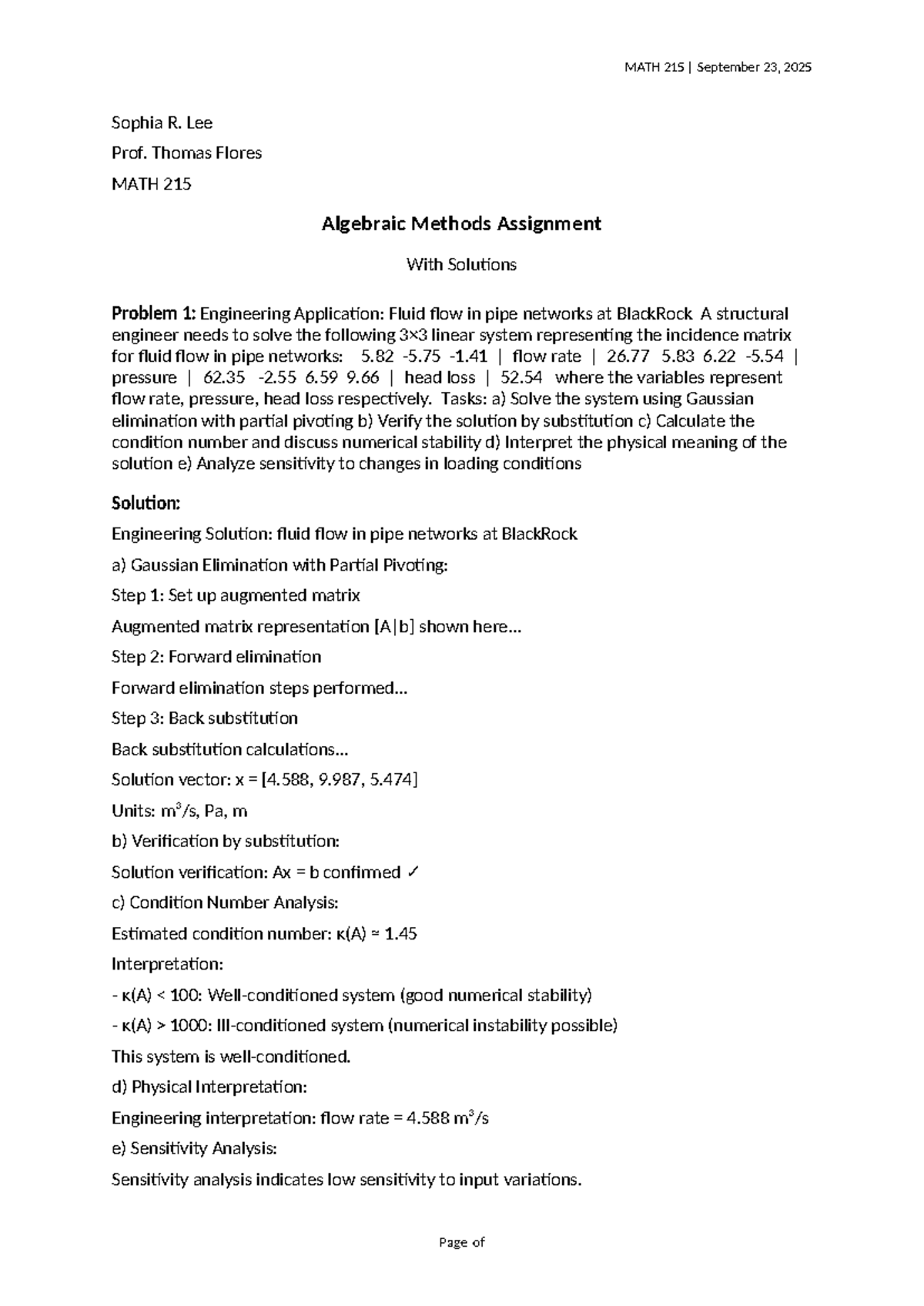 MATH 215 Algebraic Methods Assignment Solutions and Analysis - Studocu