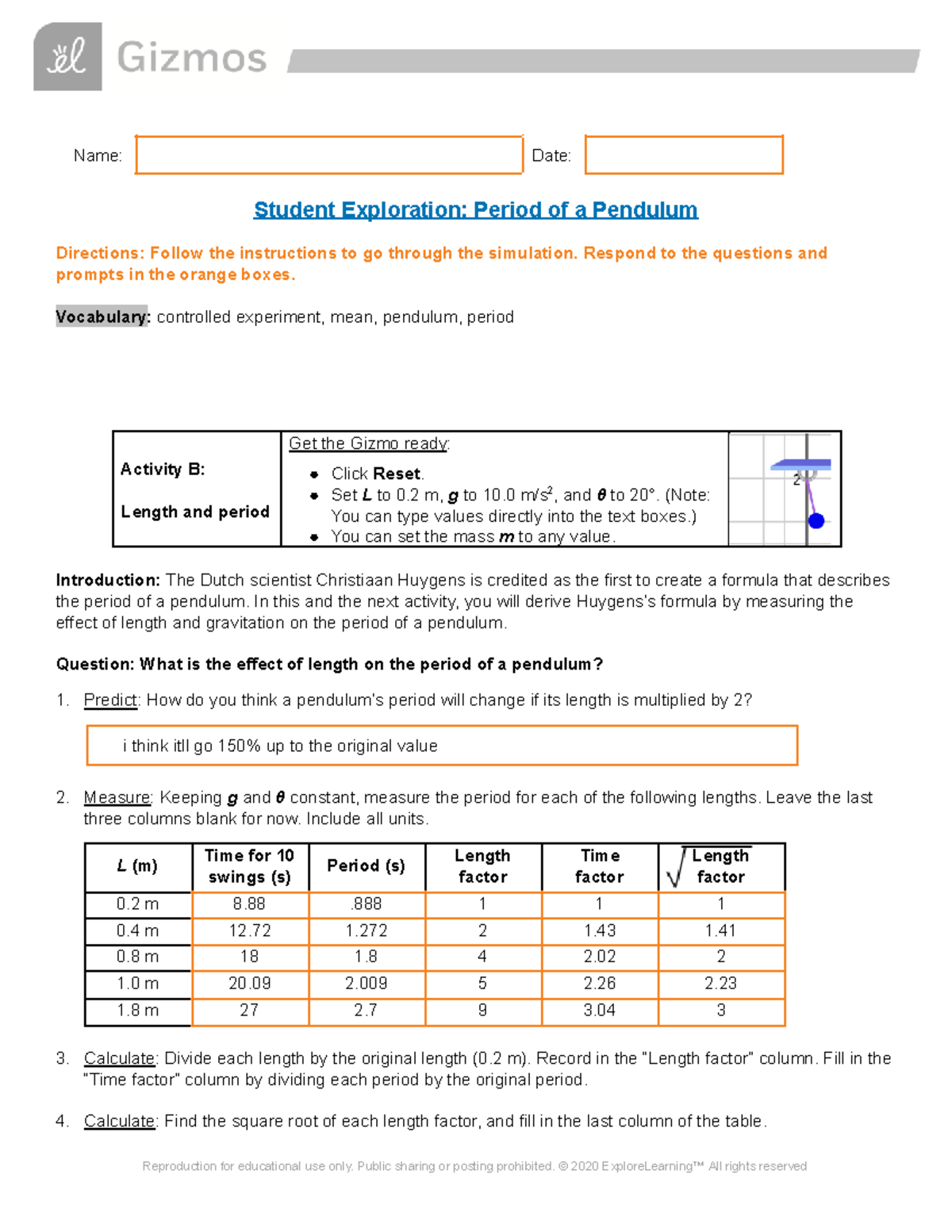 Exploration Guide: Period of a Pendulum - Gizmo Activity B - Studocu