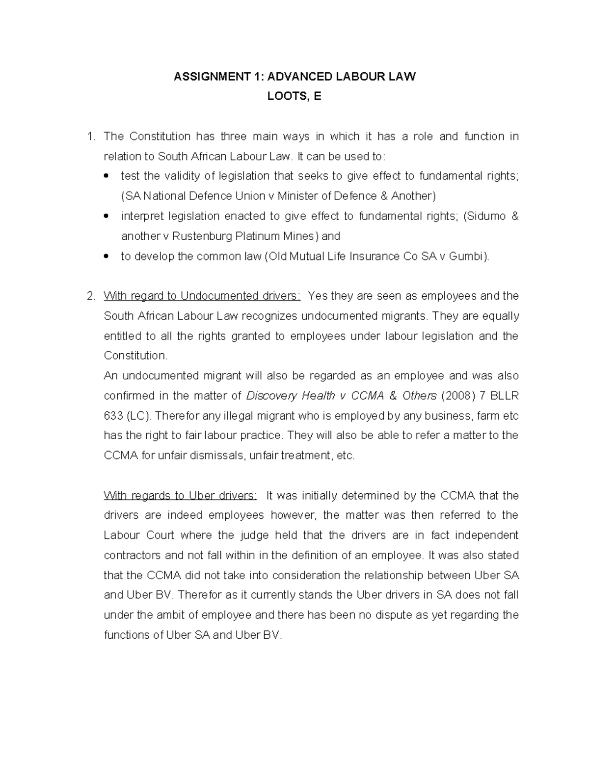 Assignment 1 - Advanced Labour LAW - ASSIGNMENT 1: ADVANCED LABOUR LAW ...