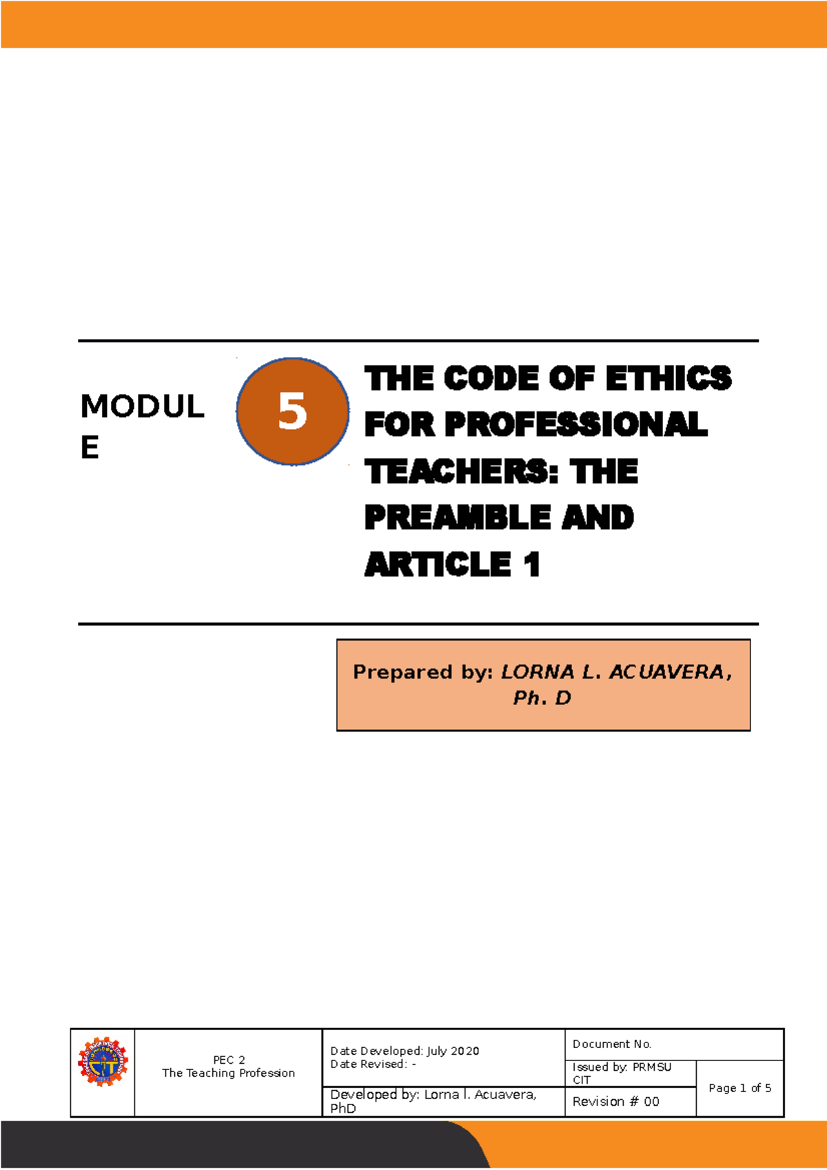 Module 5 The Code of Ethics for Professional Teachers The Preamble and ...