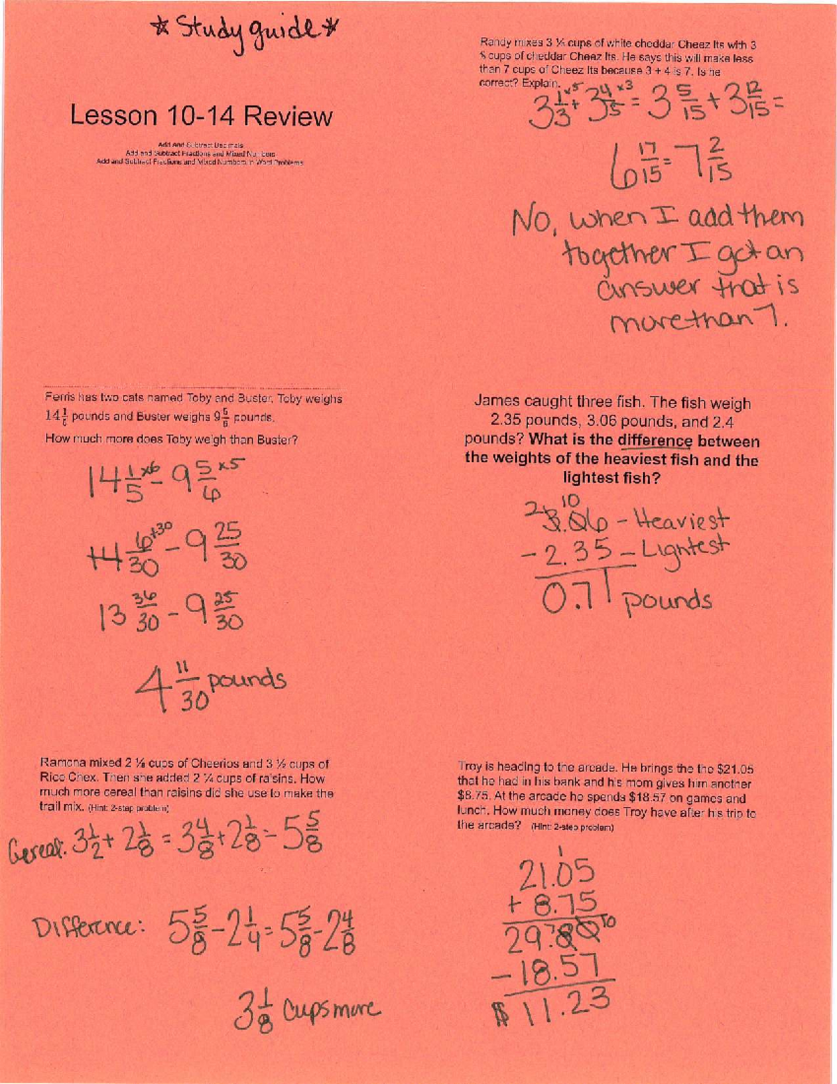 Lesson 11-14 Unit Test Review: Adding & Subtracting Decimals/Fractions ...