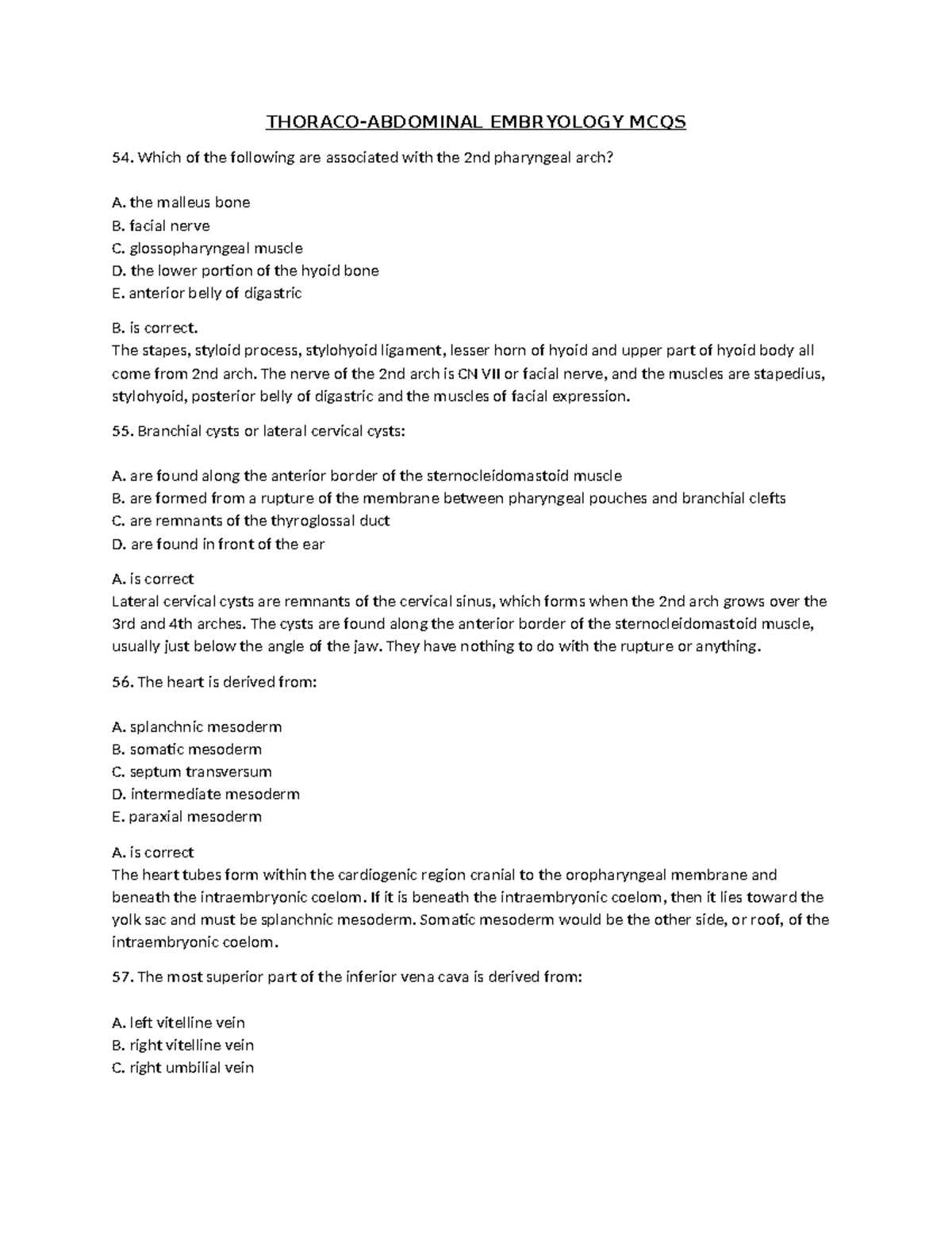 Thoraco-Abdominal Embryology: MCQs and Key Concepts - Studocu