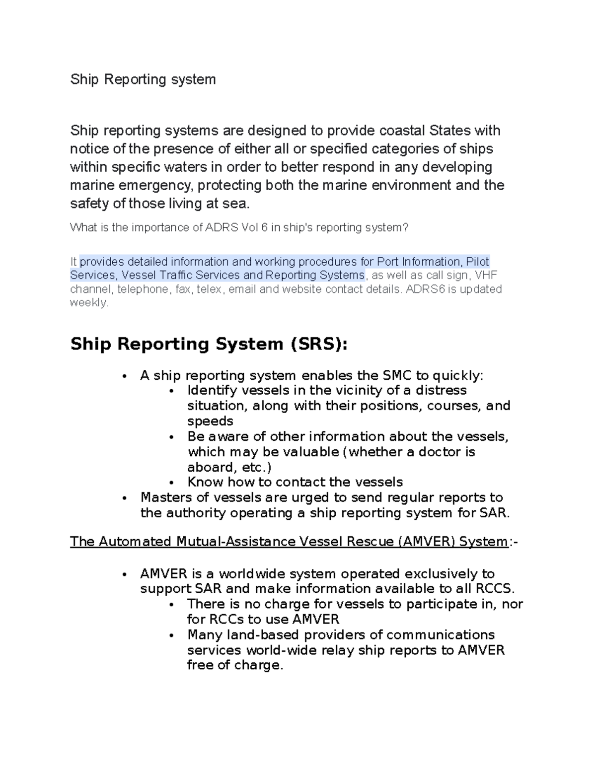 Ship Reporting Systems: Importance and Procedures for SAR - Studocu