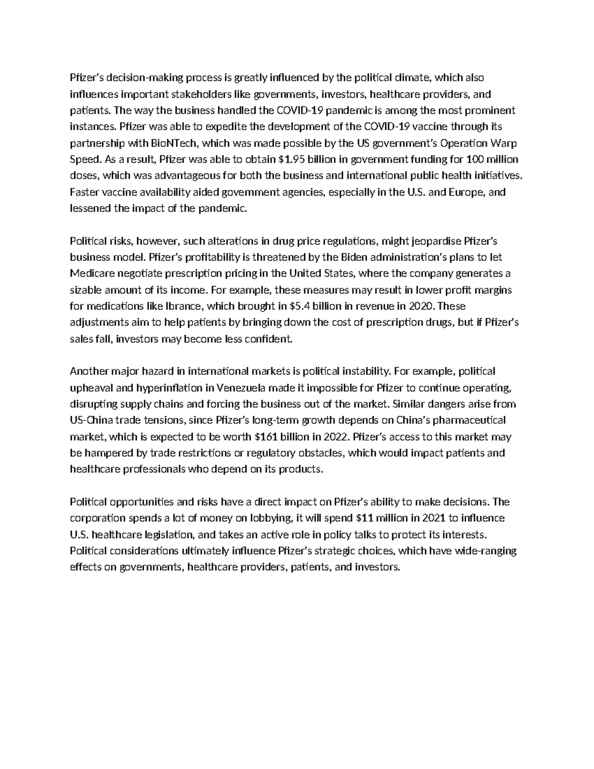 Mini Report - Week 7: Impact of Political Climate on Pfizer's Strategy ...