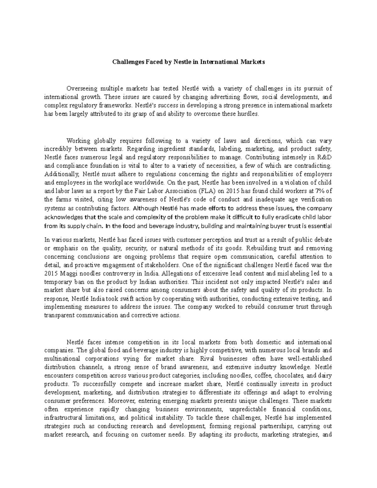 Nestlé's Challenges in Global Markets: Regulatory & Trust Issues - Studocu